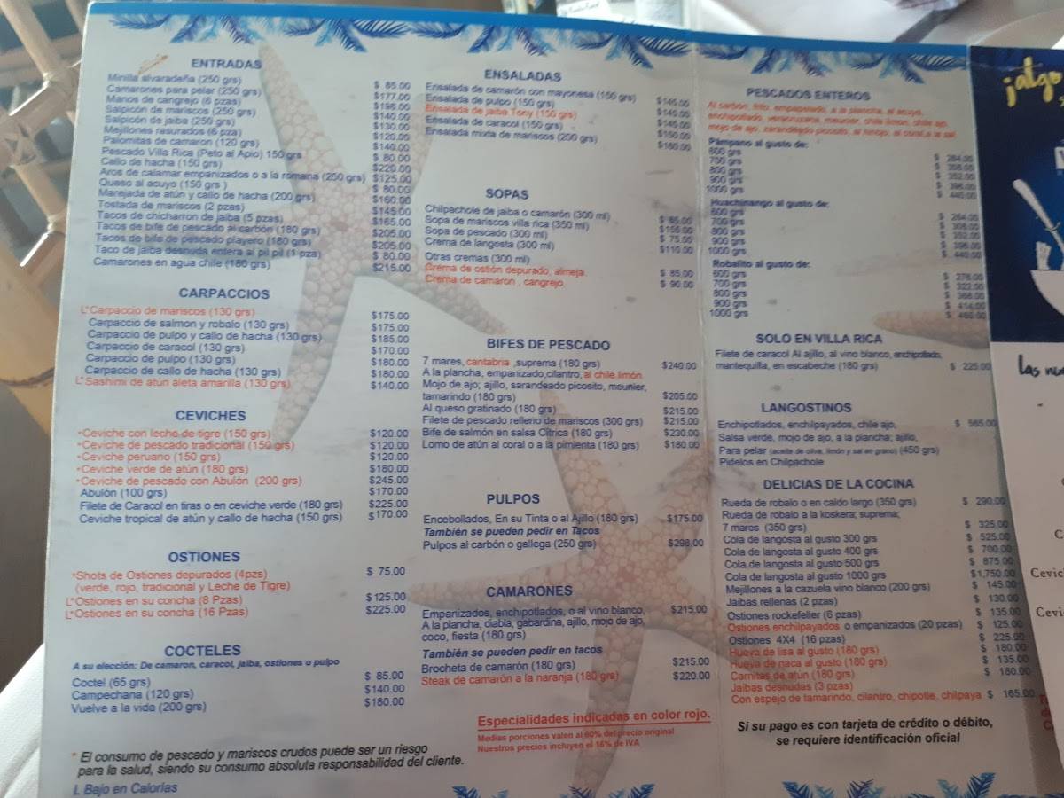 Carta del restaurante Mariscos Villa Rica Mocambo, Boca del Río, C ...