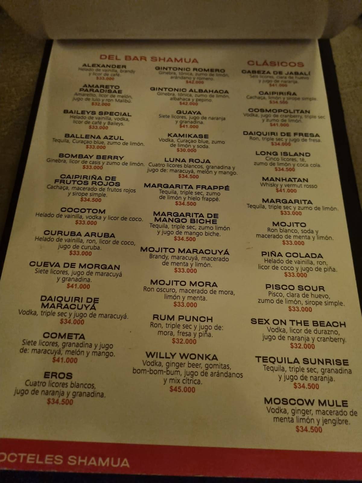 Carta de Bar Shamua, Bogotá, Av. Cra 19 #114-70