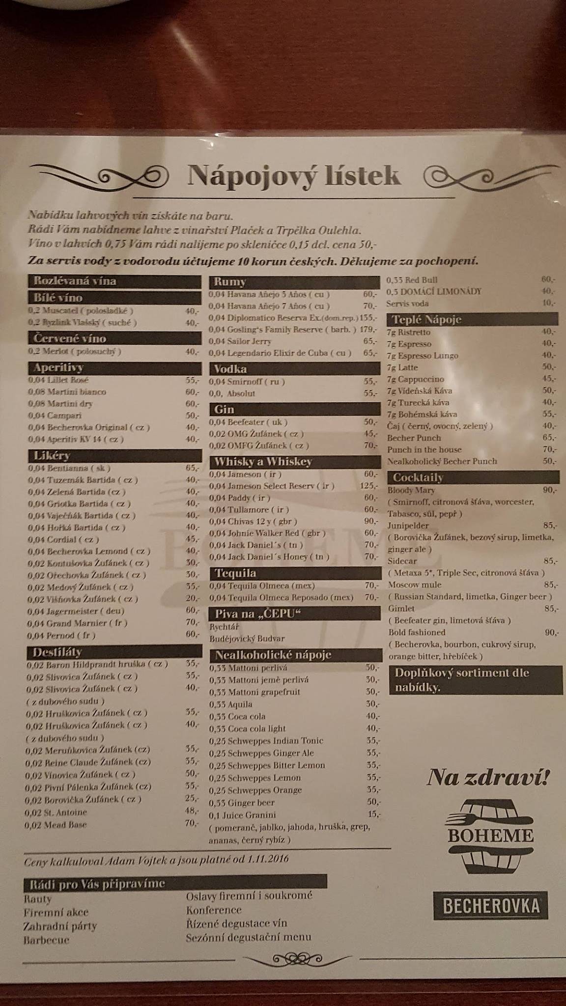 Menu at Bohémská hospoda restaurant, Pardubice