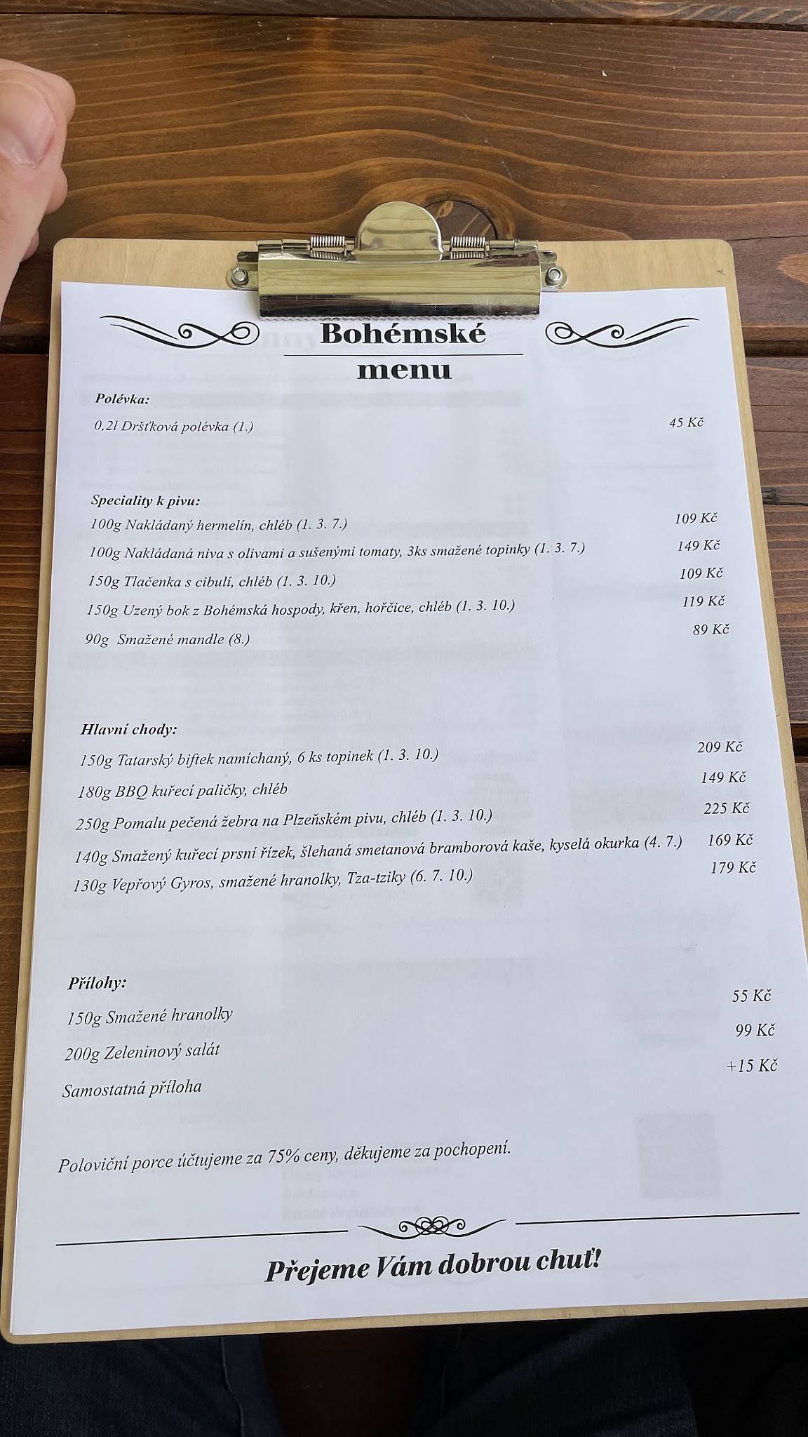 Menu at Bohémská hospoda restaurant, Pardubice