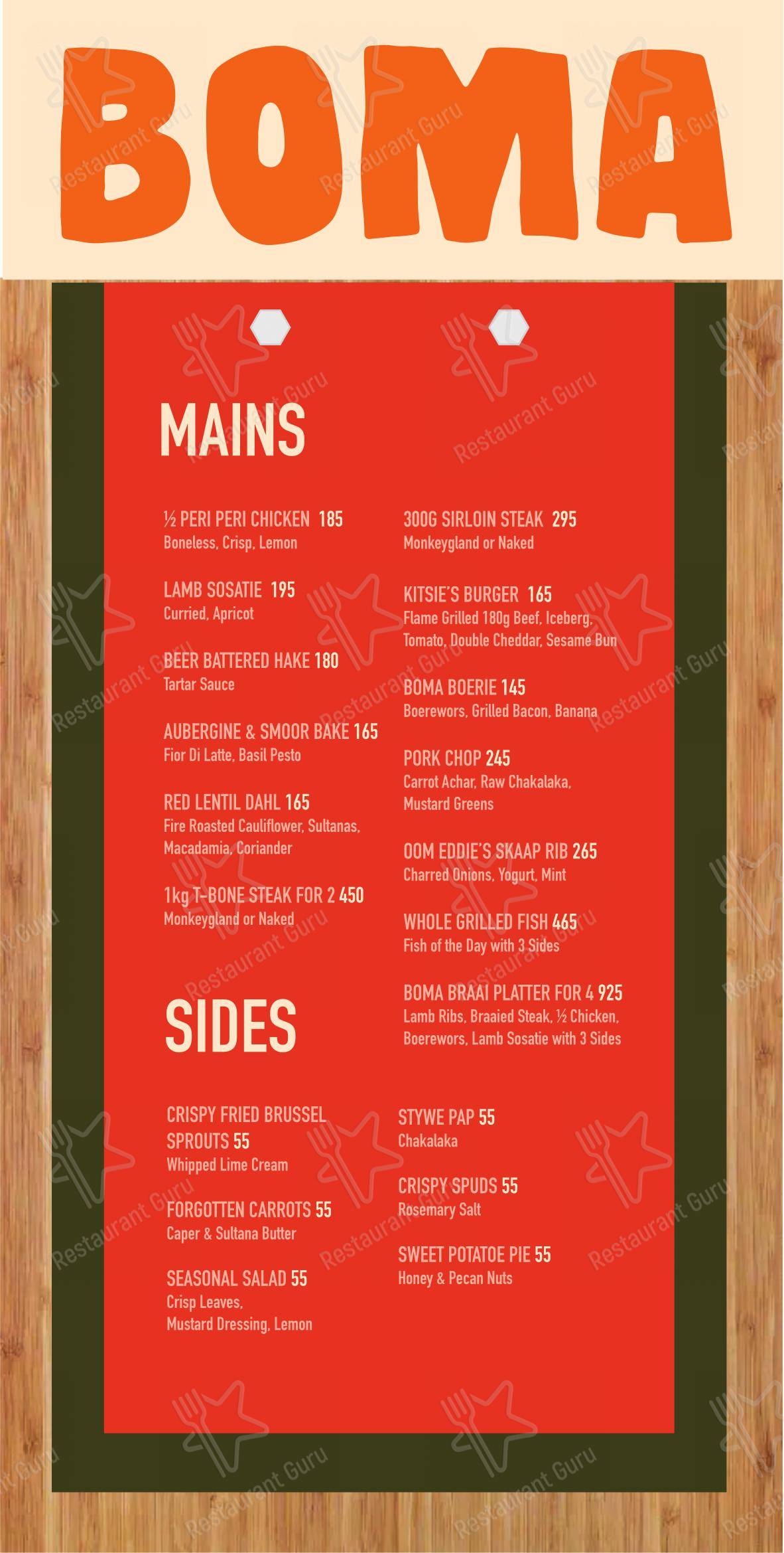 Menu at Boma on Bree restaurant, Cape Town
