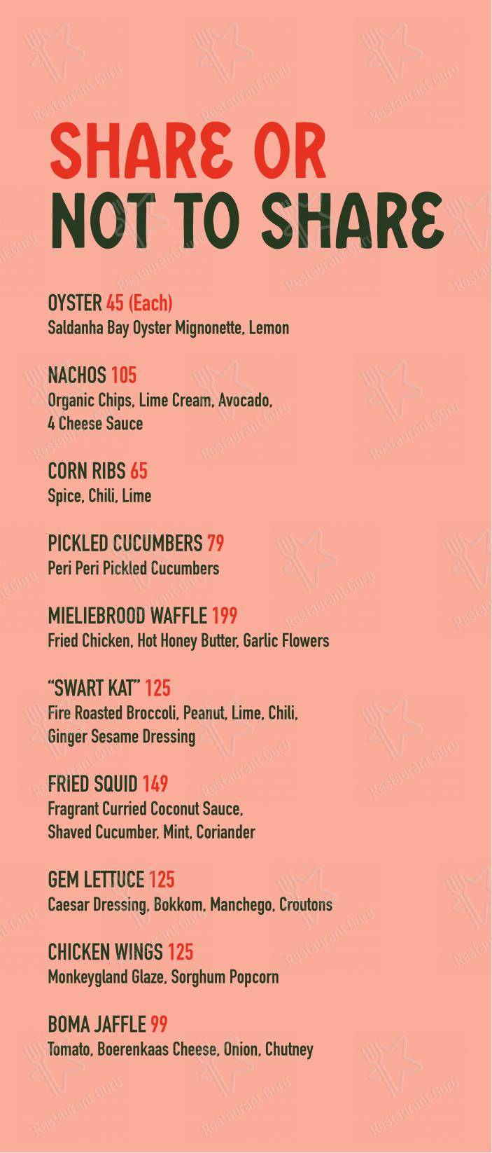Menu at Boma South African restaurant, Cape Town