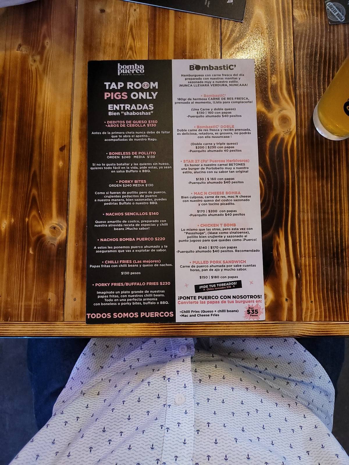 Menu at Bomba Puerco Smoked Burgers restaurant, Ensenada