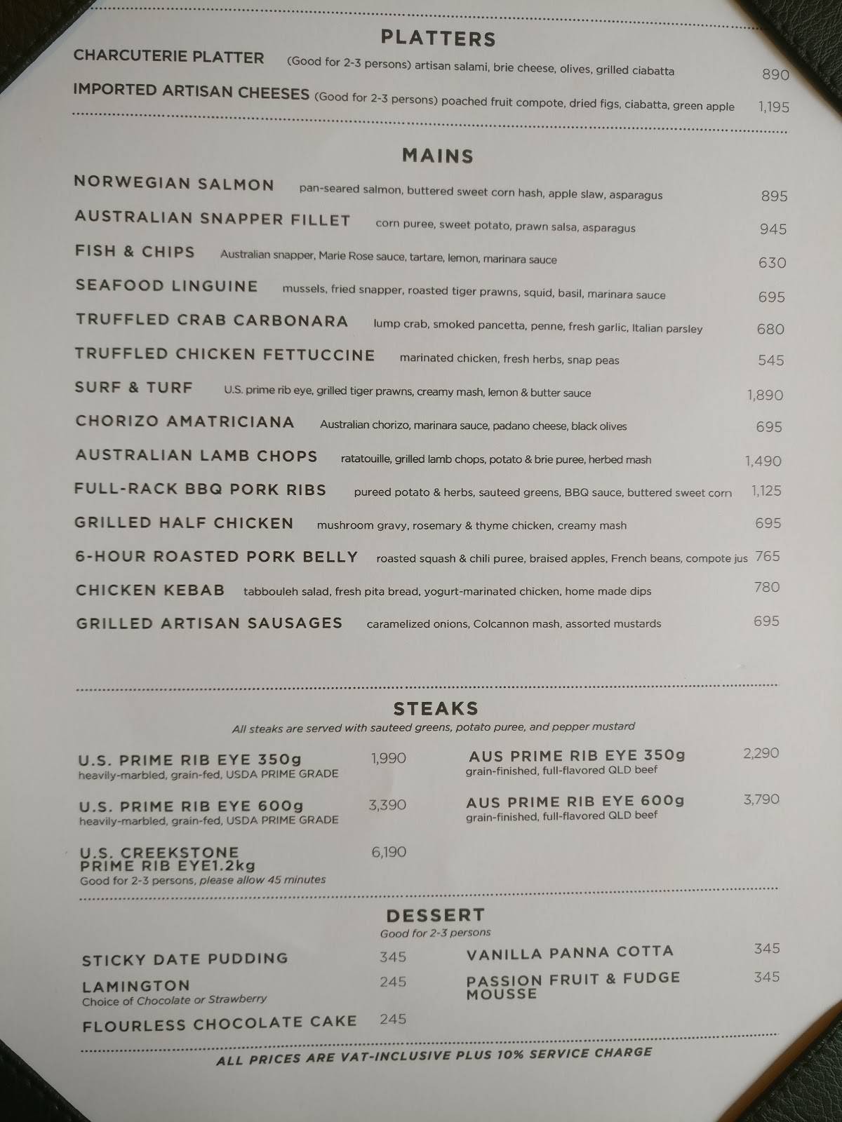 Menu at Bondi&Bourke steakhouse, Makati, Cattleya Condominium