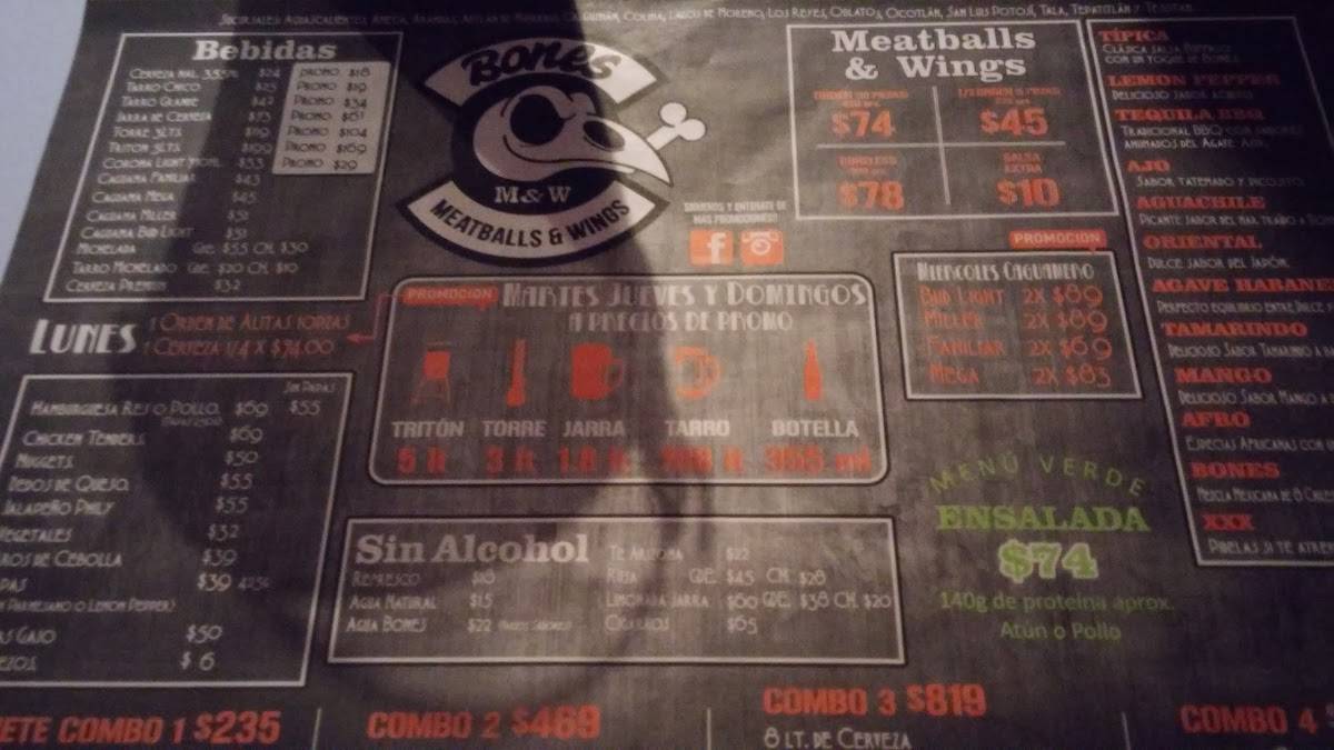 Menu at Bones Meatballs & Wings pub & bar, Ciudad Guzmán