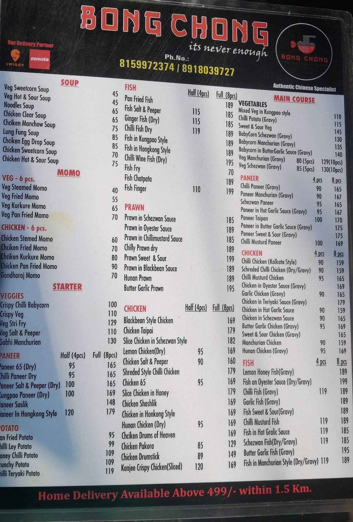 Menu at Bong Chong, Kolkata