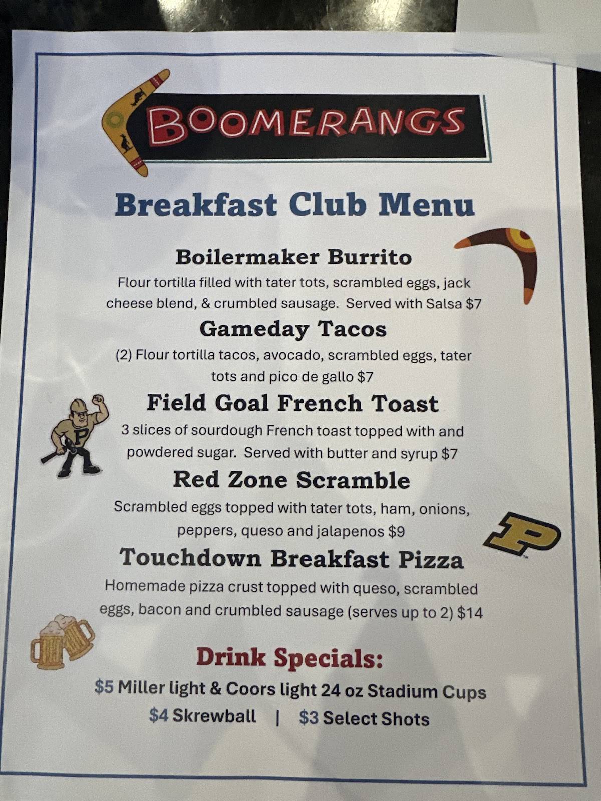 Menu at Boomerangs restaurant, West Lafayette