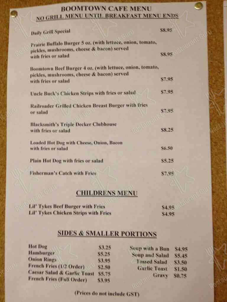 Menu at Boomtown Cafe, Saskatoon