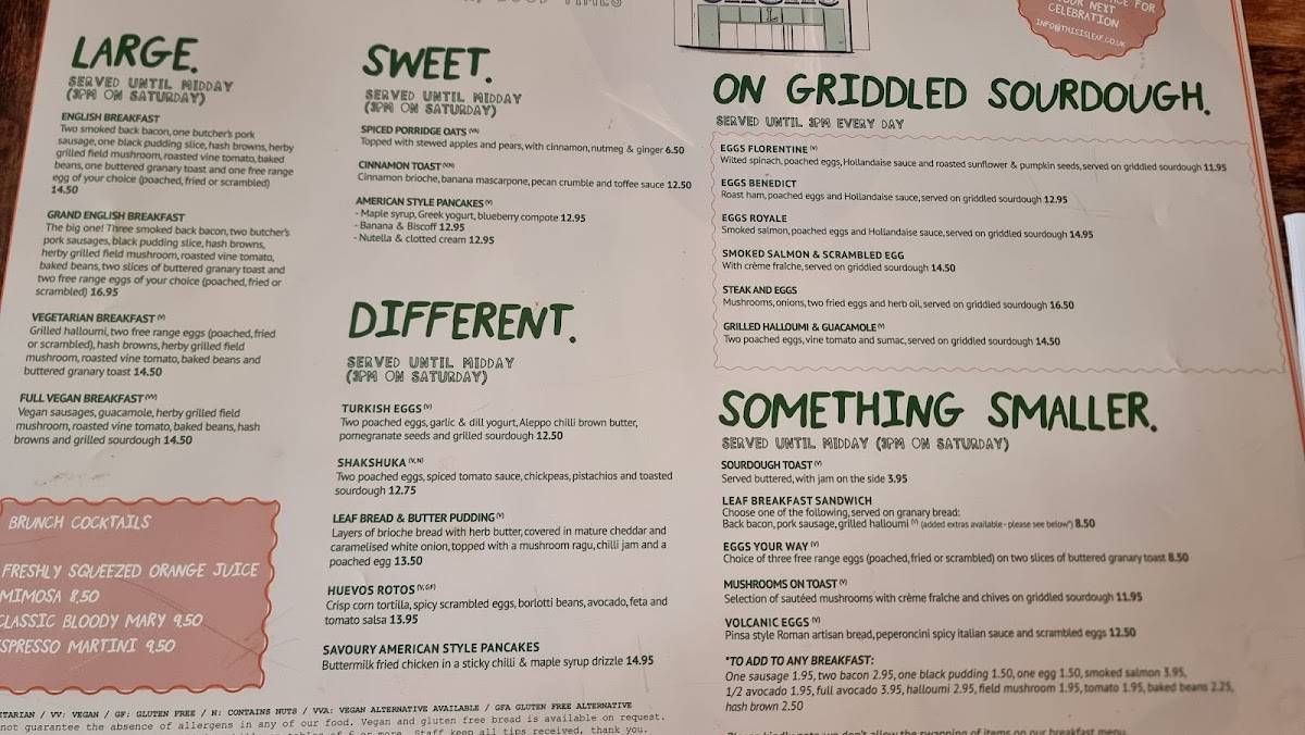 Menu at Leaf restaurant, Liverpool, 65-67 Bold St