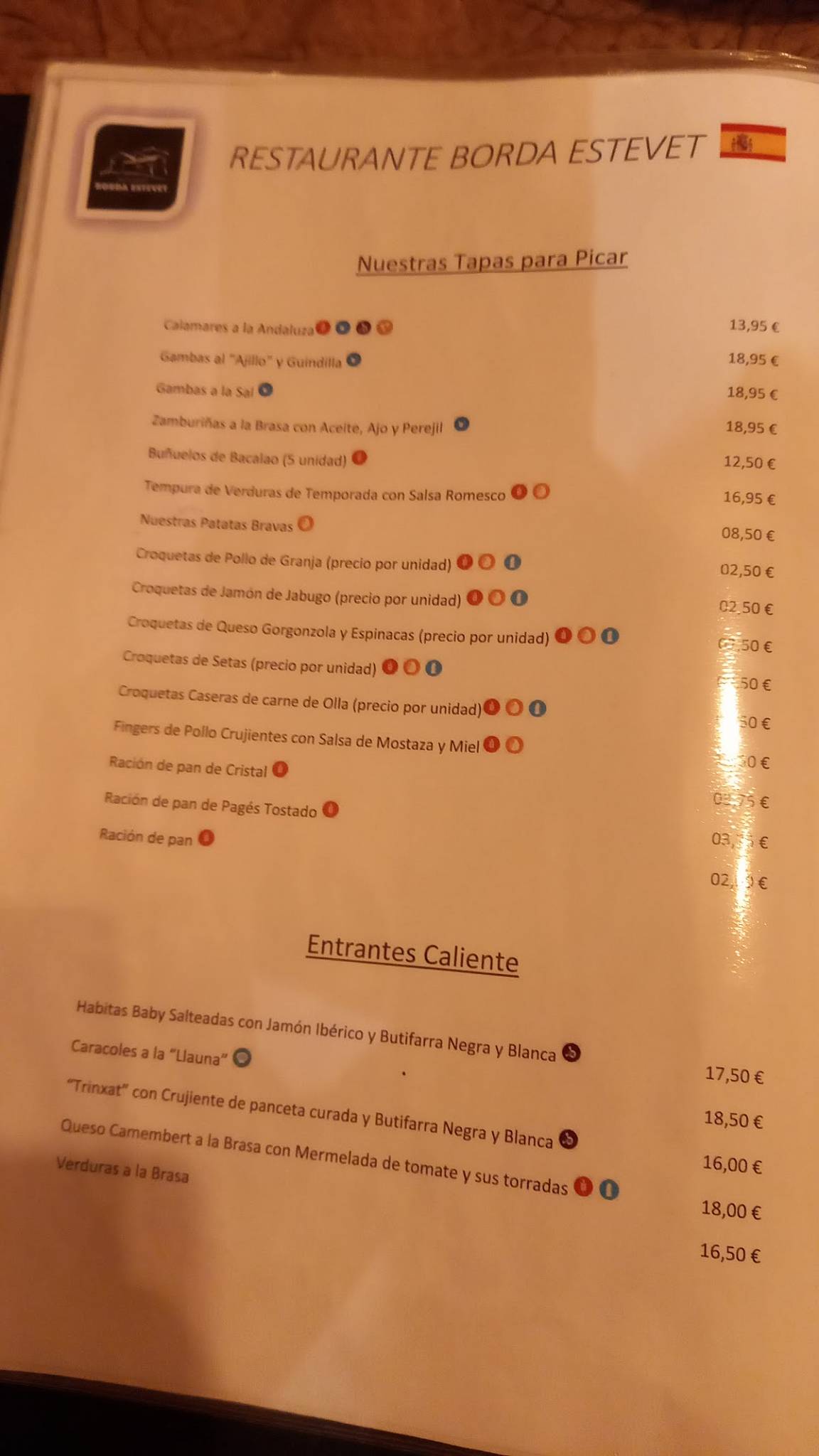 Carta del restaurante Borda Estevet, Andorra la Vieja