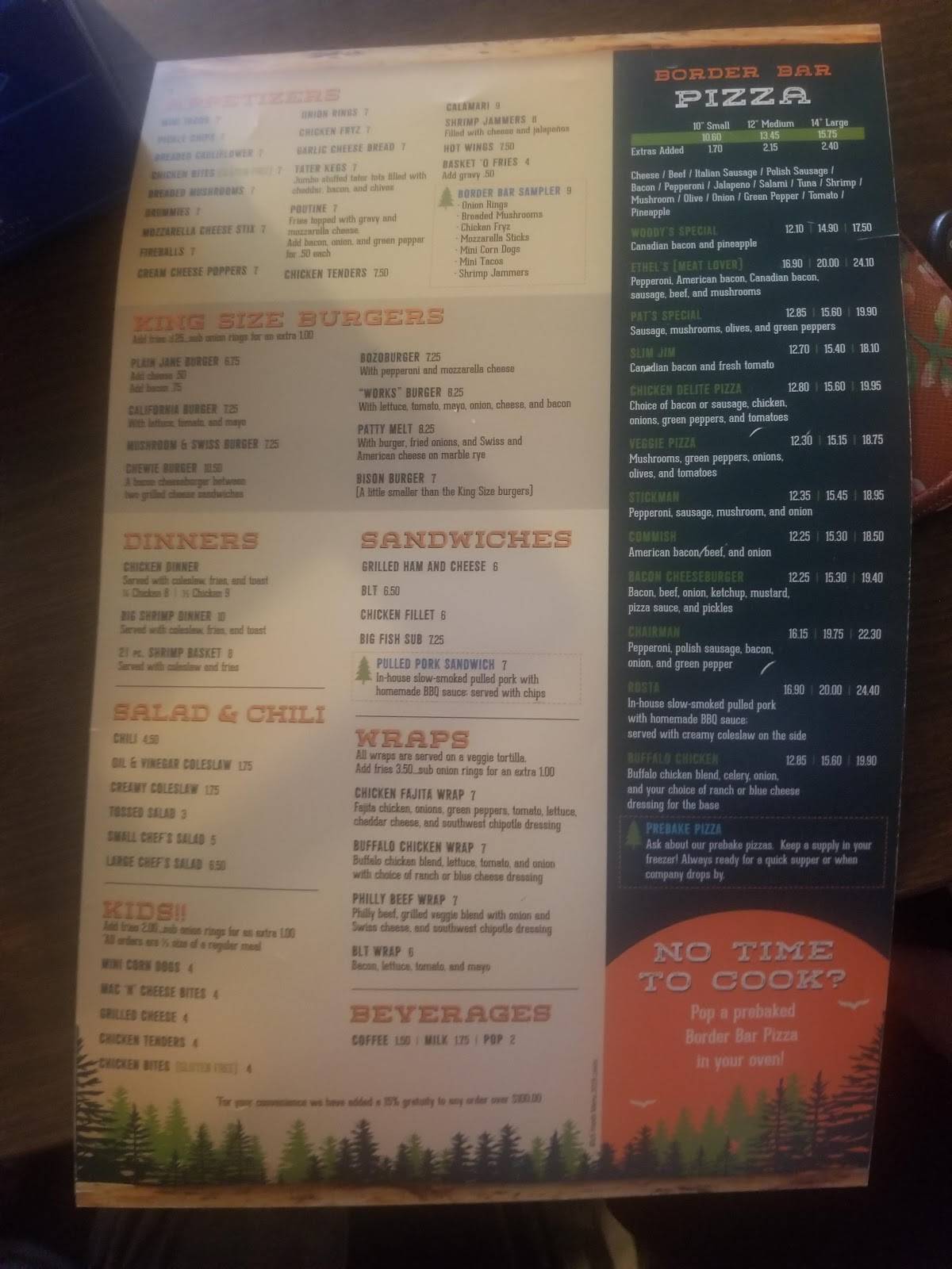 Menu at Border Bar Pizza Parlor, International Falls