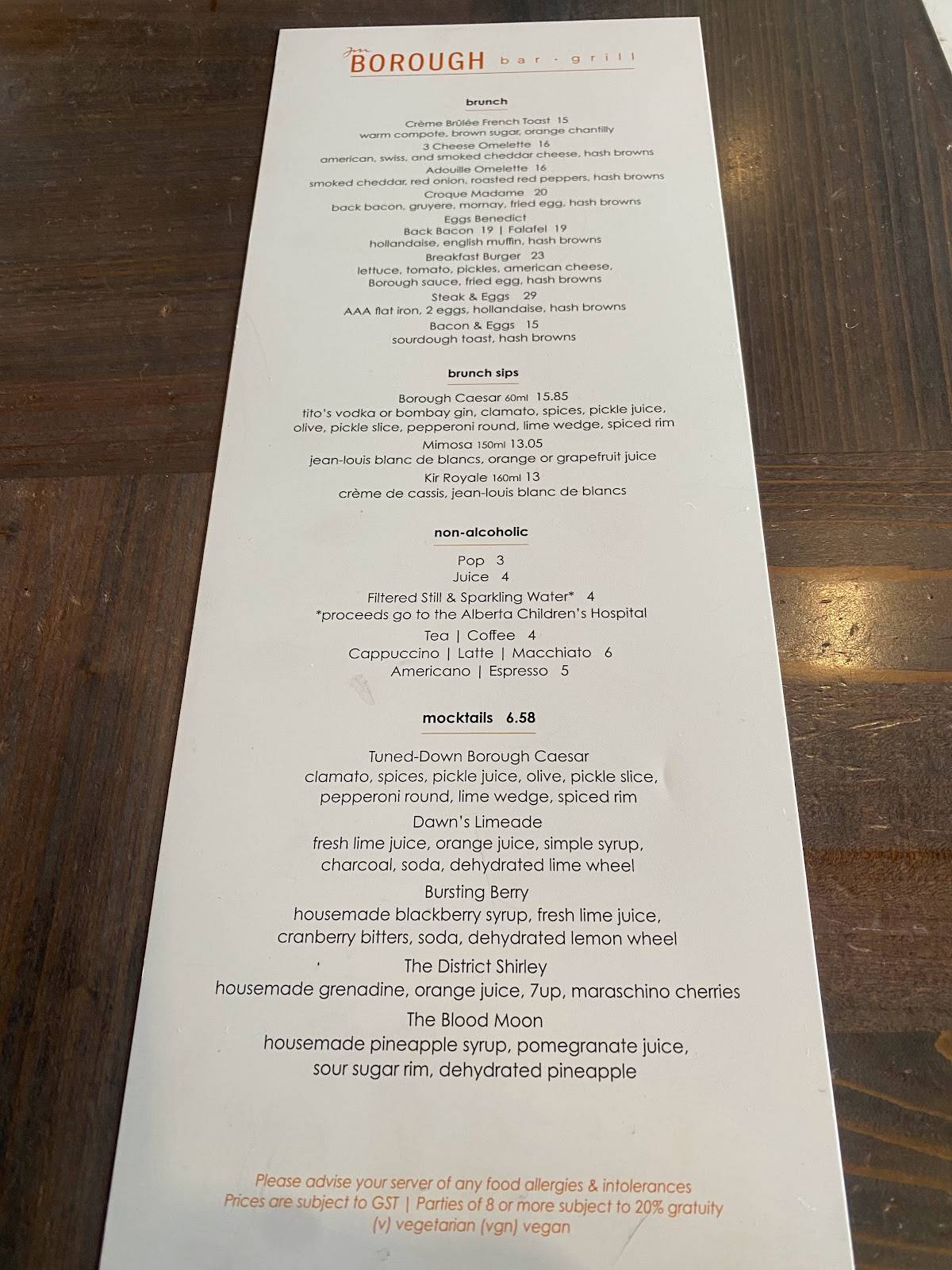 Menu at Borough Bar & Grill, Calgary