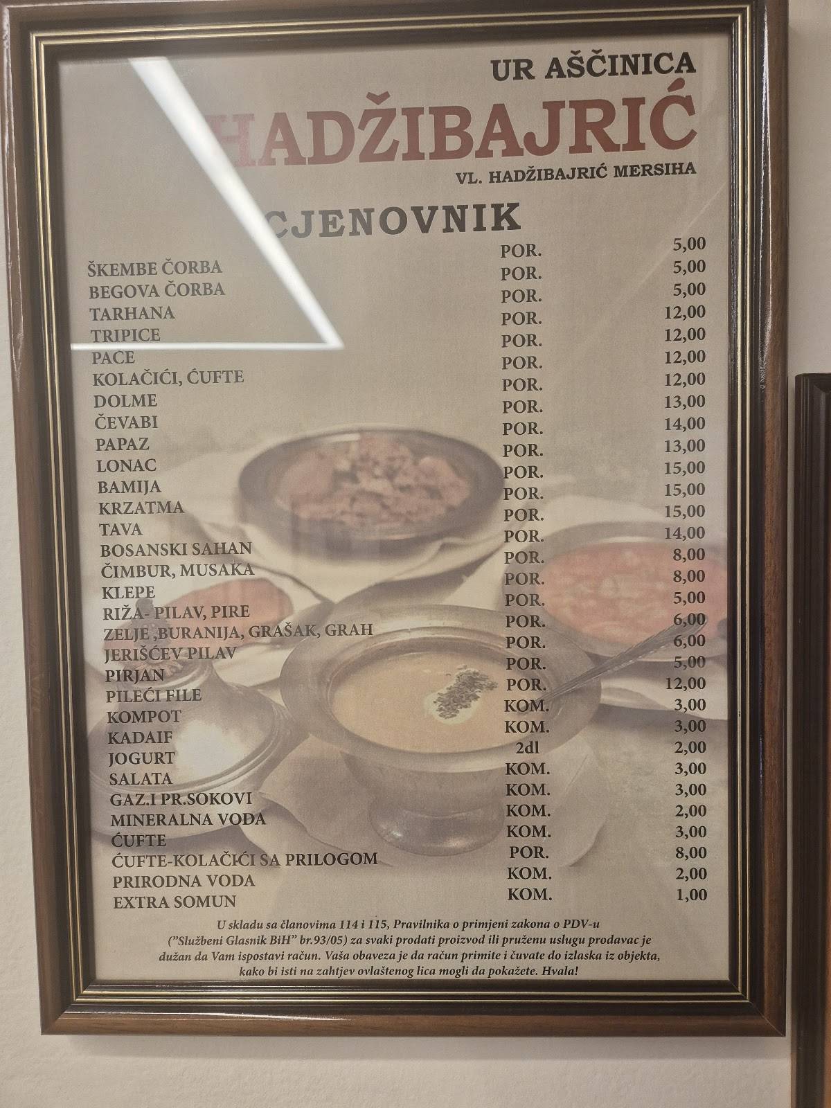 Menu at Bosnian Cuisine Hadzibajric restaurant, Sarajevo