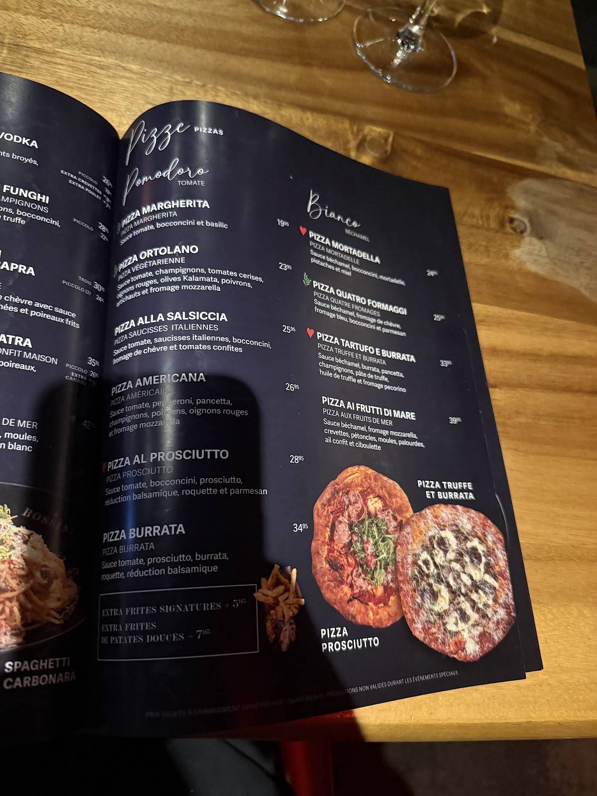 Menu au Bossini restaurant, Québec