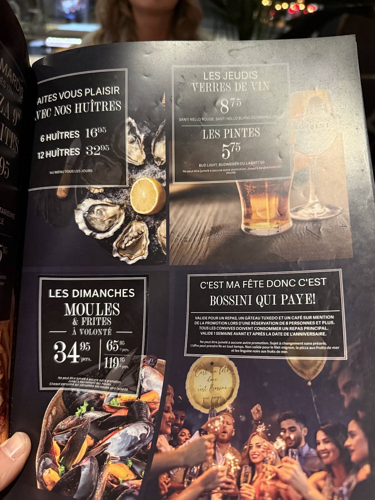 Menu au Bossini restaurant, Québec