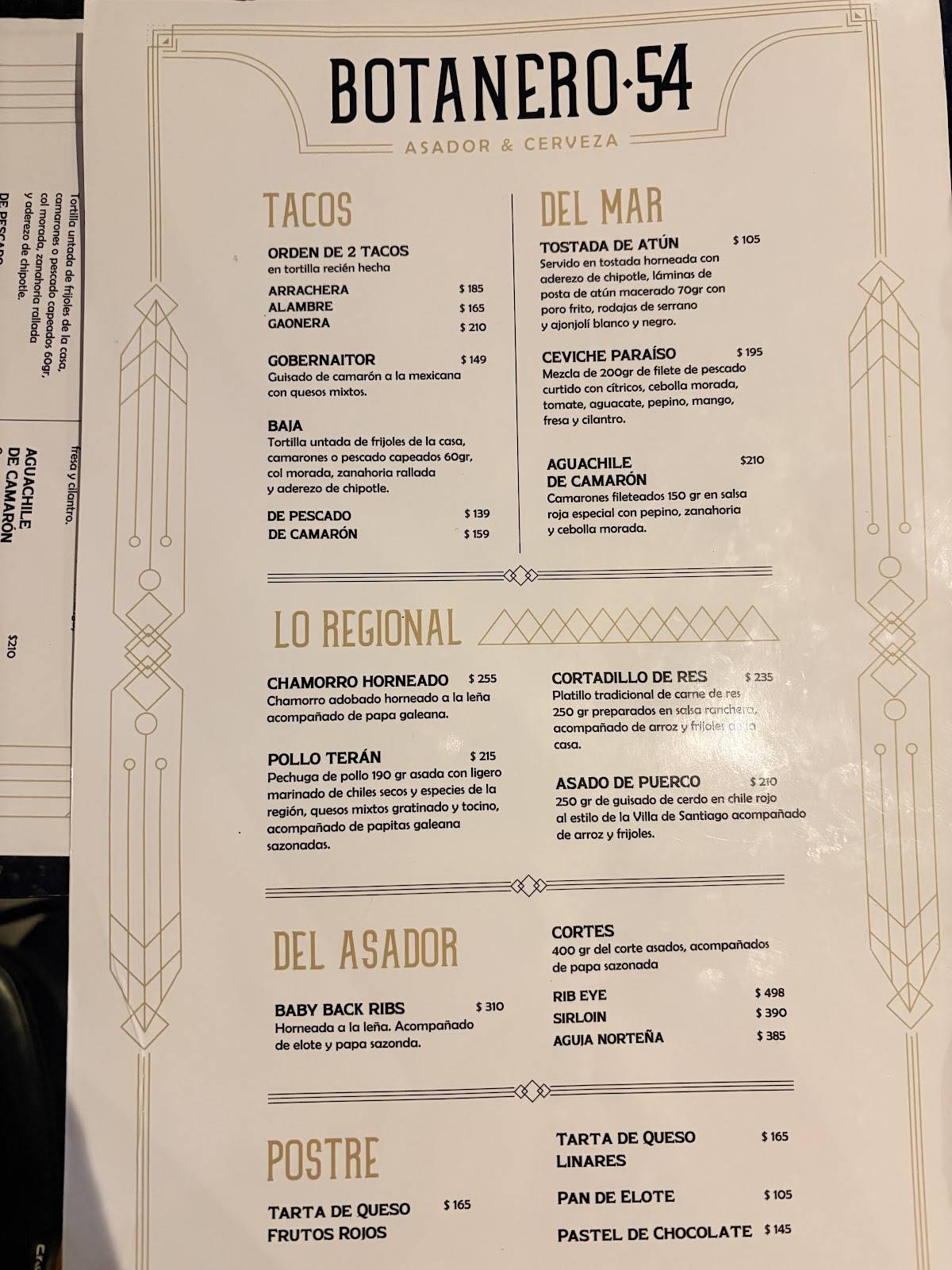 Menu at Botanero 54 restaurant, Monterrey