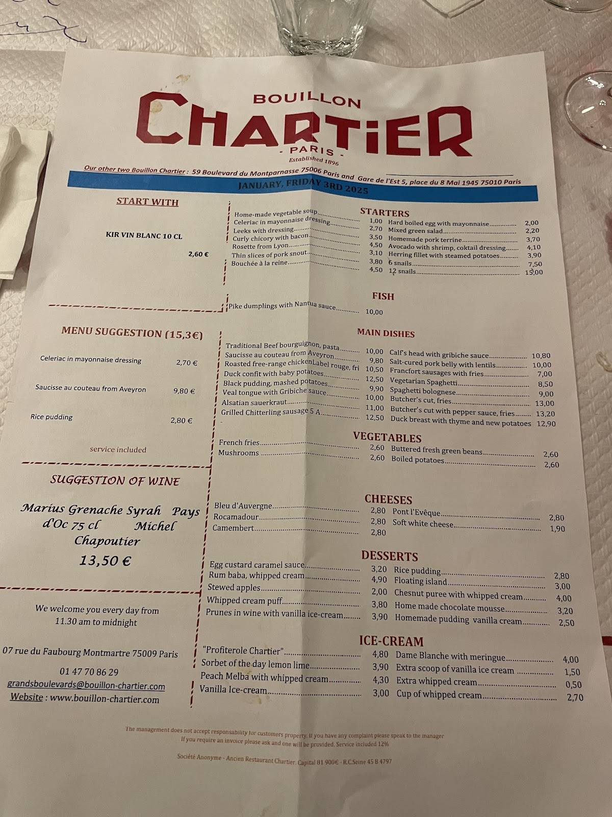 Menu at Bouillon Chartier restaurant, Paris, 59 Bd du Montparnasse