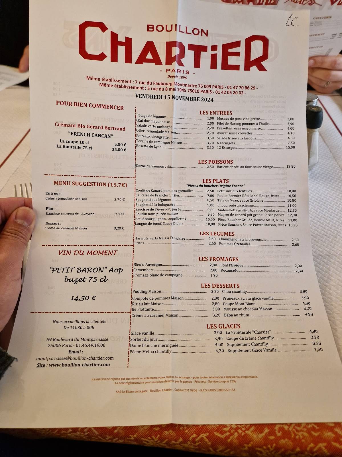 Menu at Bouillon Chartier restaurant, Paris, 59 Bd du Montparnasse