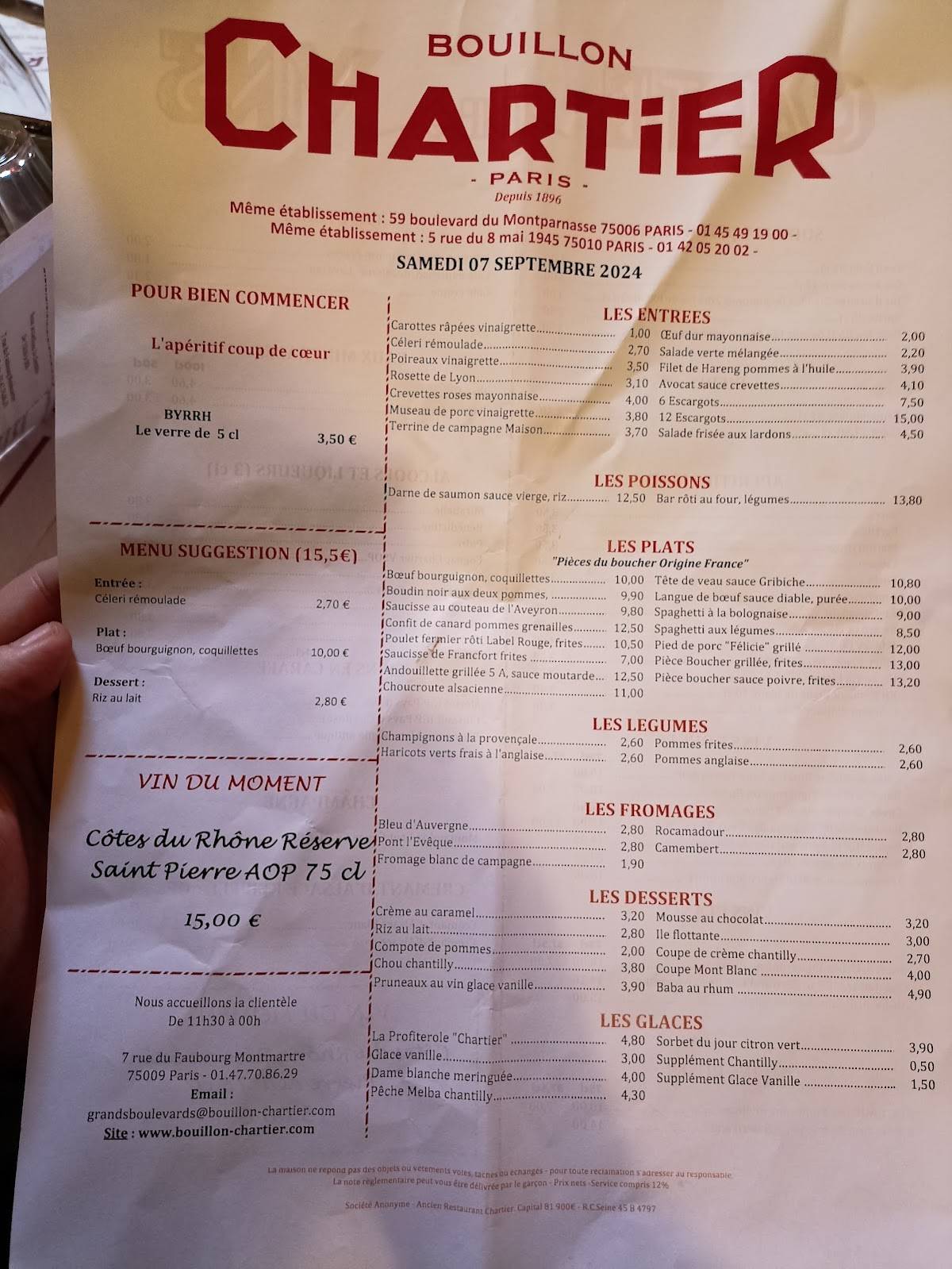 Menu at Bouillon Chartier restaurant, Paris, 59 Bd du Montparnasse