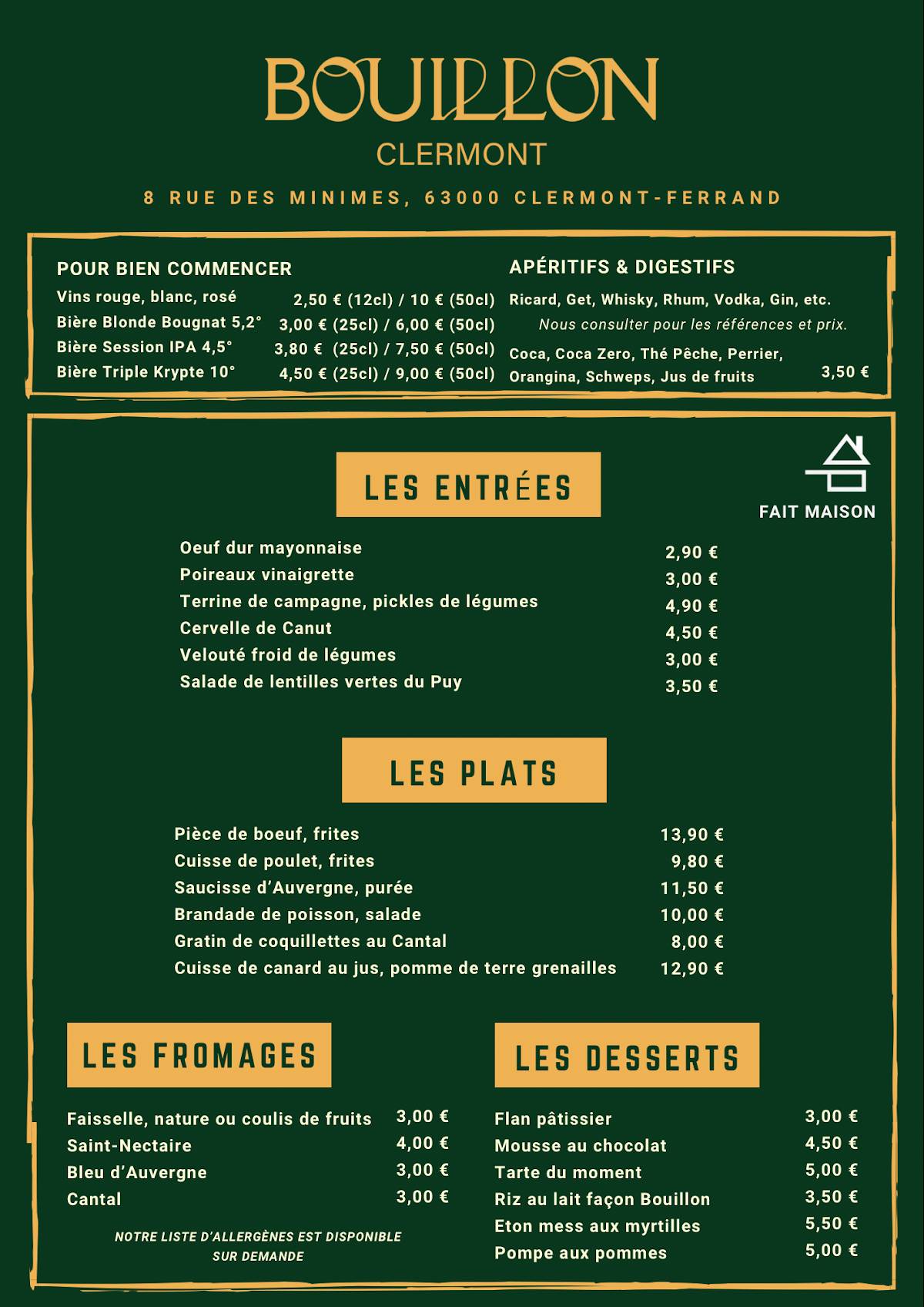 Menu au Bouillon Clermont restaurant, Clermont-Ferrand