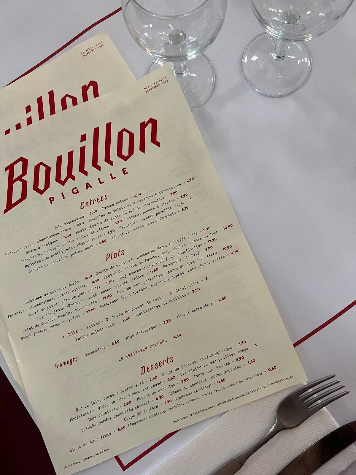 Menu at Bouillon Pigalle restaurant, Paris