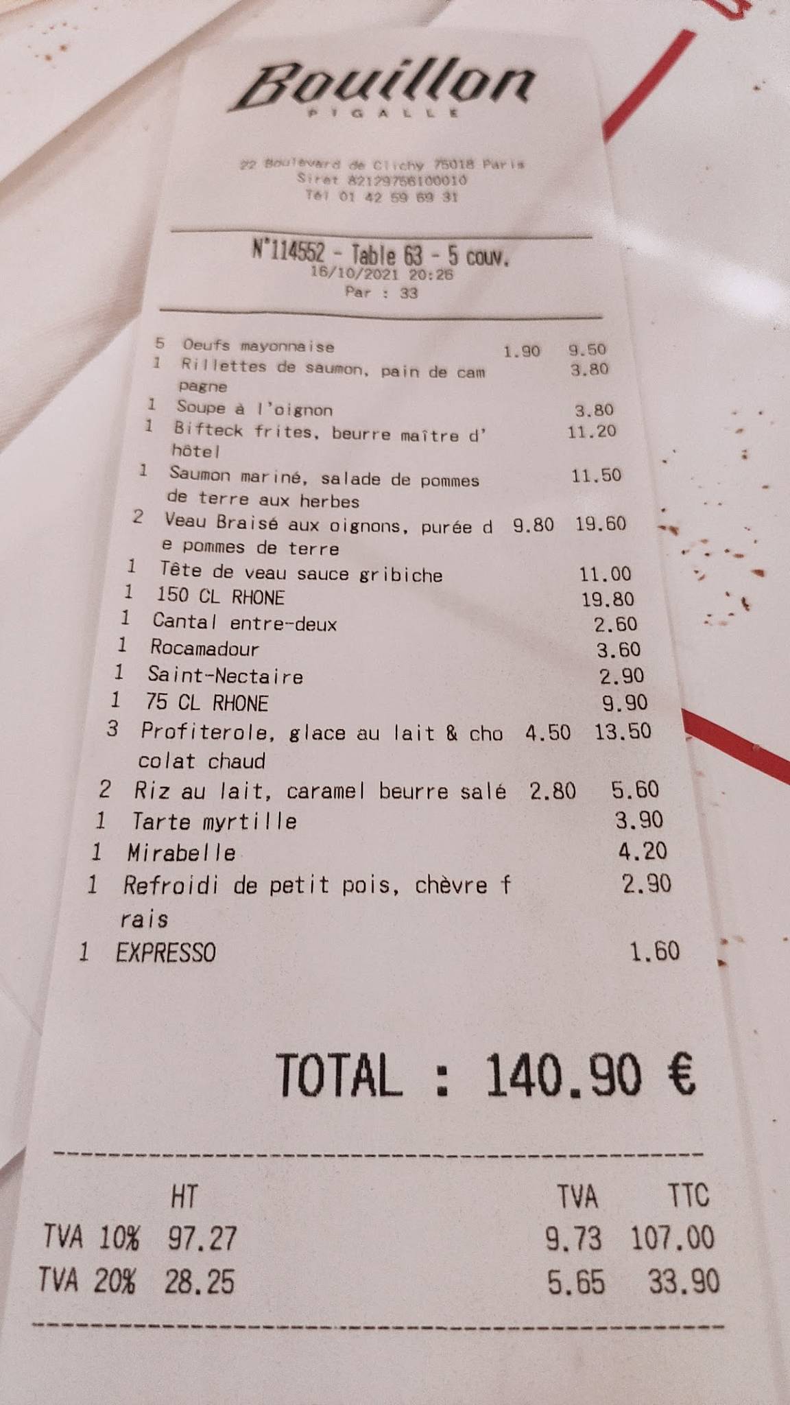 Menu at Bouillon Pigalle restaurant, Paris