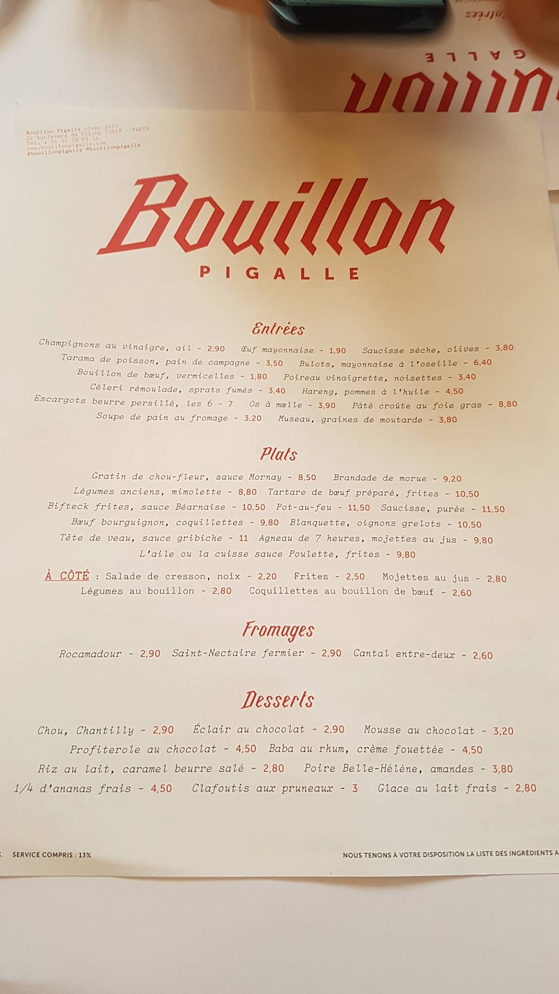 Menu at Bouillon Pigalle restaurant, Paris