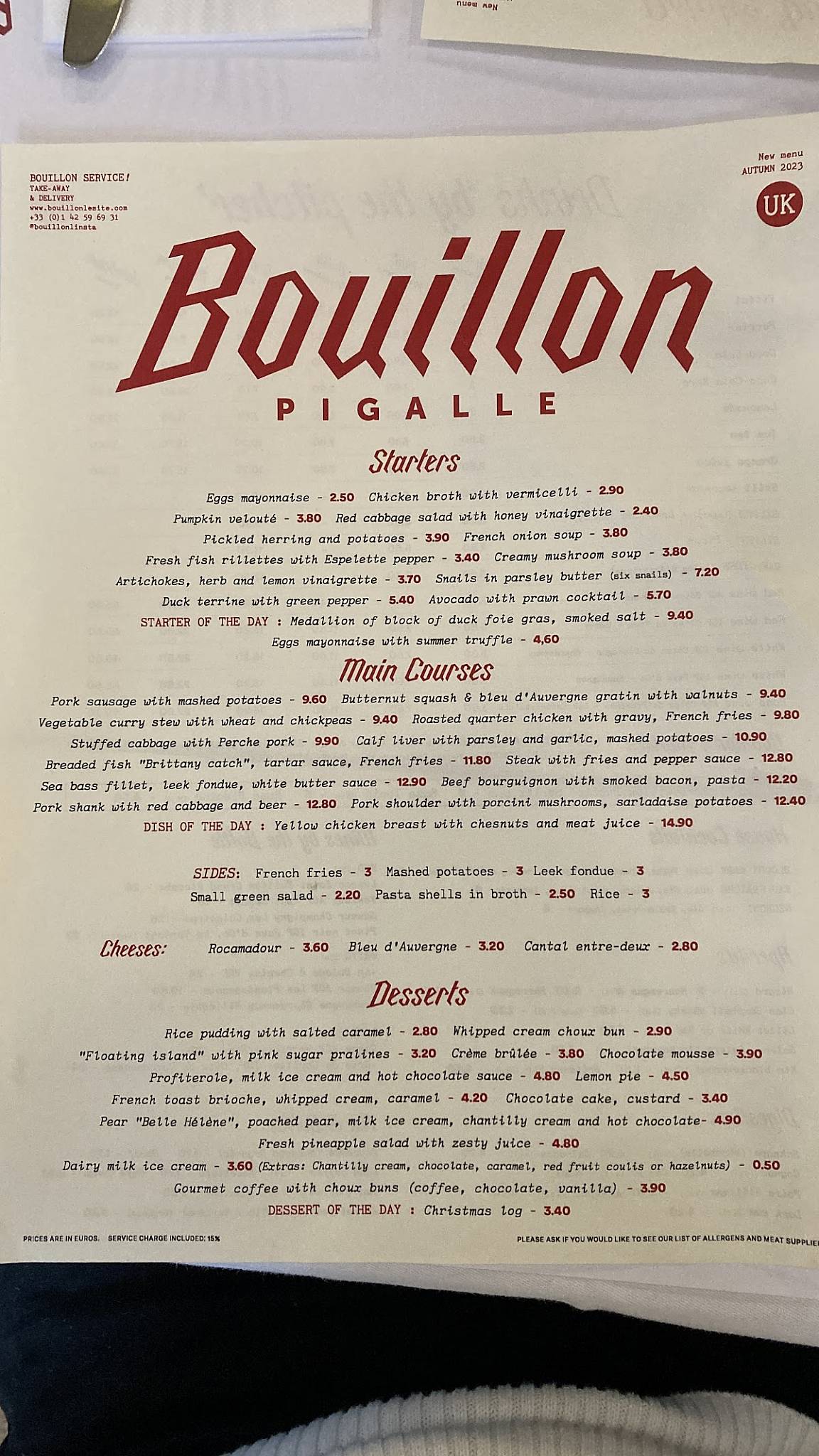 Menu at Bouillon Pigalle restaurant, Paris