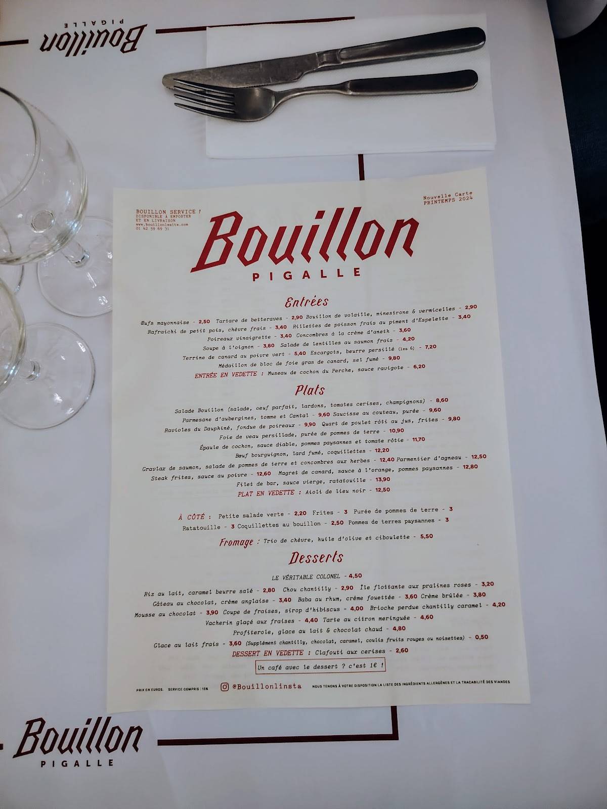 Menu at Bouillon Pigalle restaurant, Paris