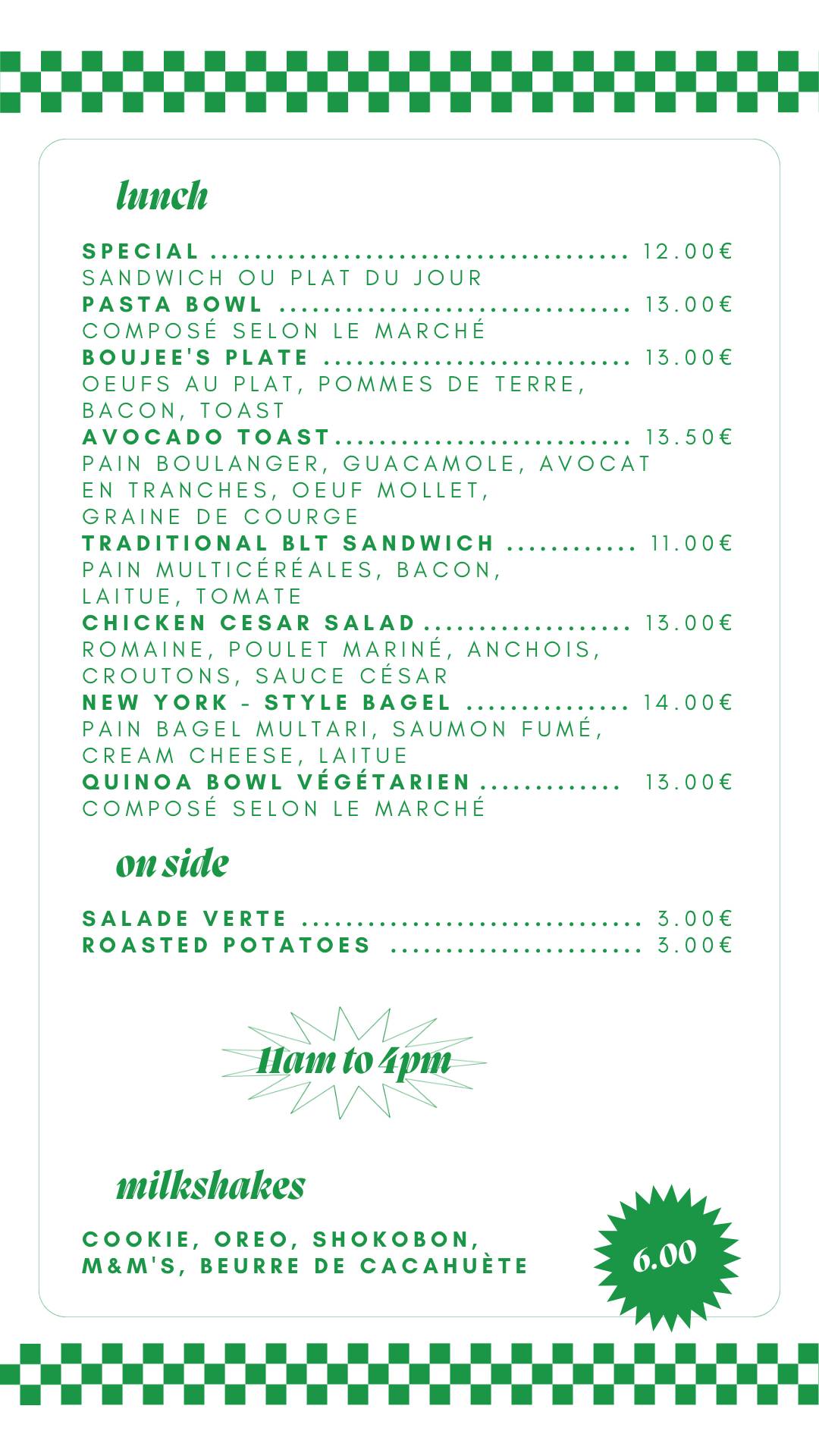 Menu at Boujee restaurant, Bastia