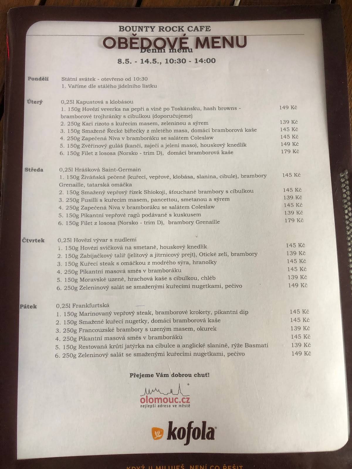 Menu at Bounty Rock Cafe, Olomouc, Hálkova 2 – vstup z