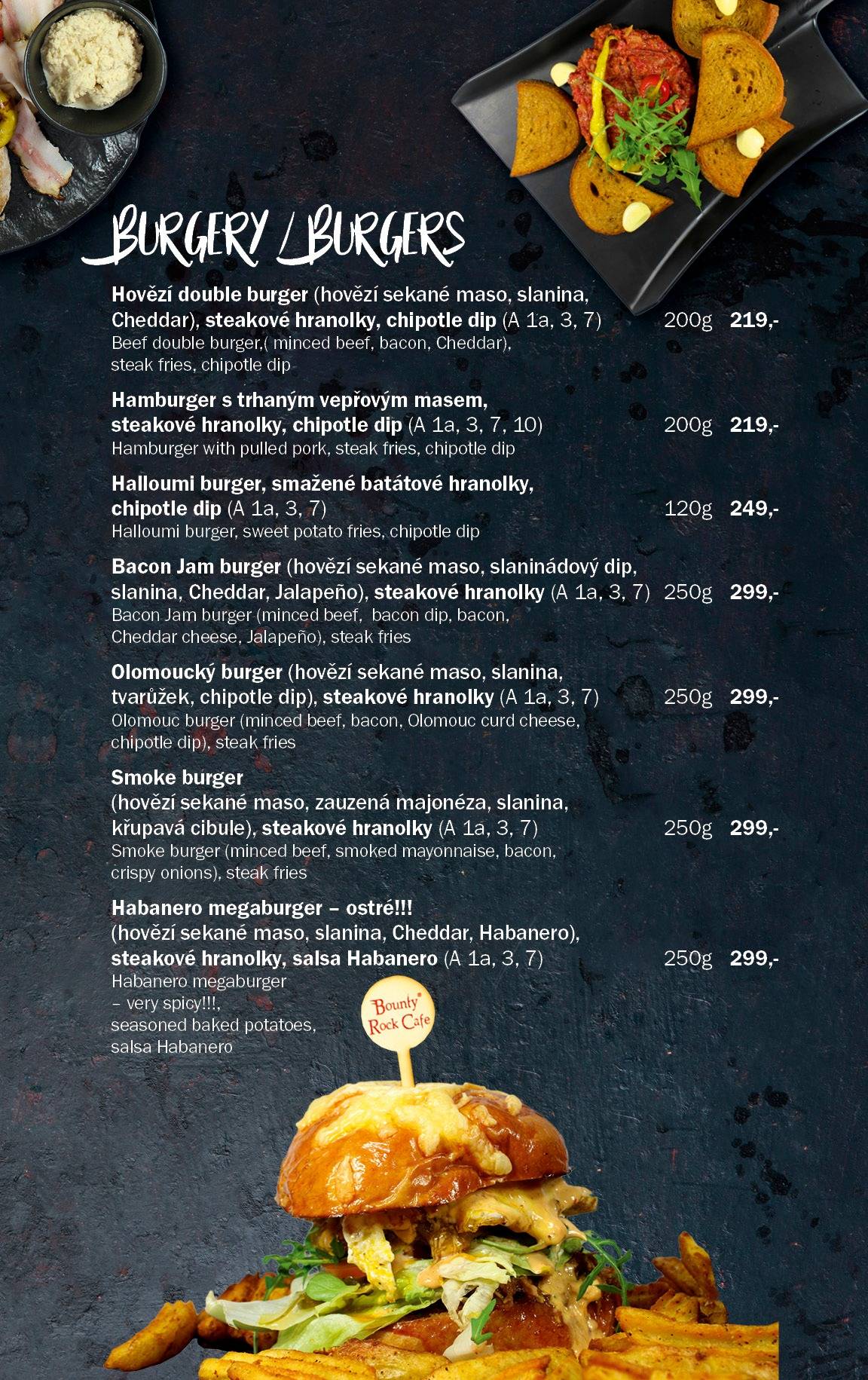 Menu at Bounty Rock Cafe, Olomouc, Hálkova 2 – vstup z