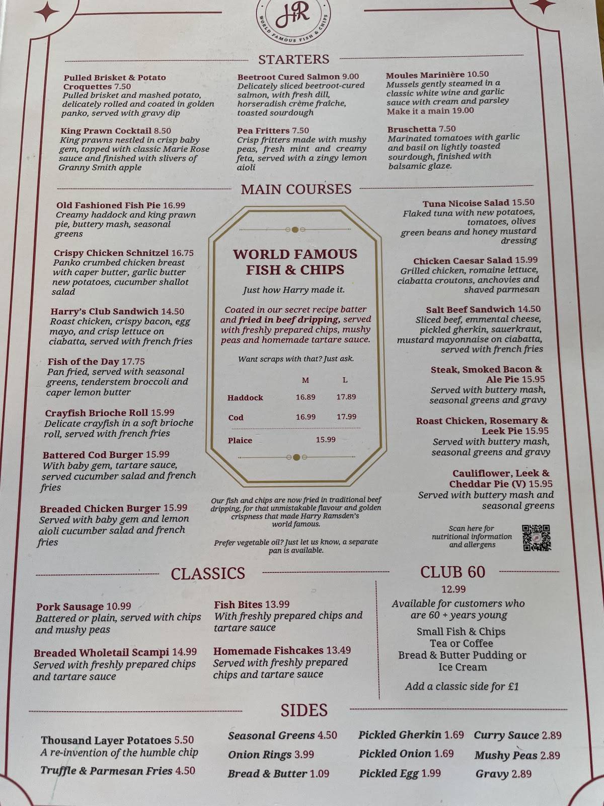 Menu at Harry Ramsden's restaurant, Bournemouth