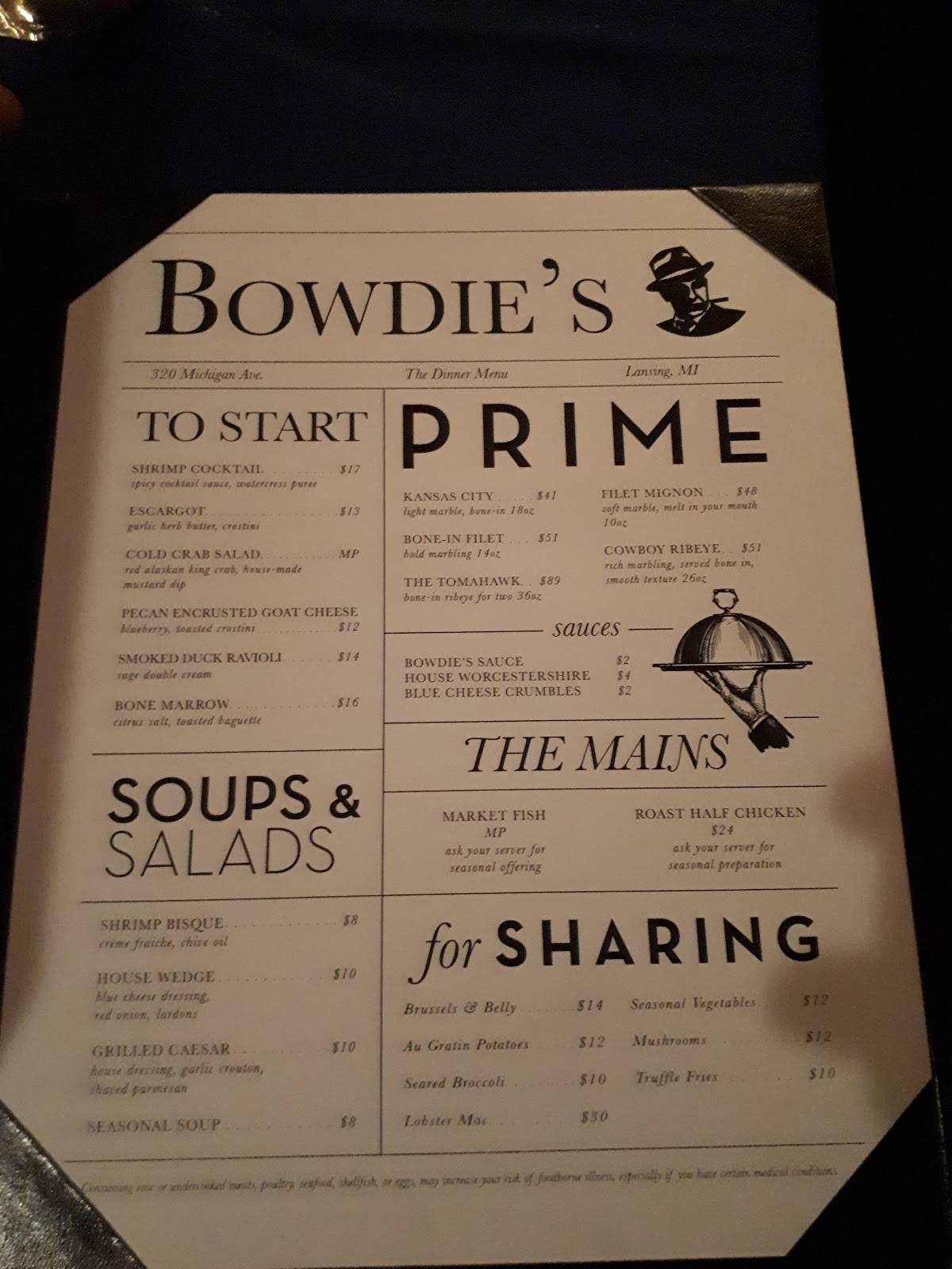 Menu at Bowdie's Chophouse pub & bar, Lansing