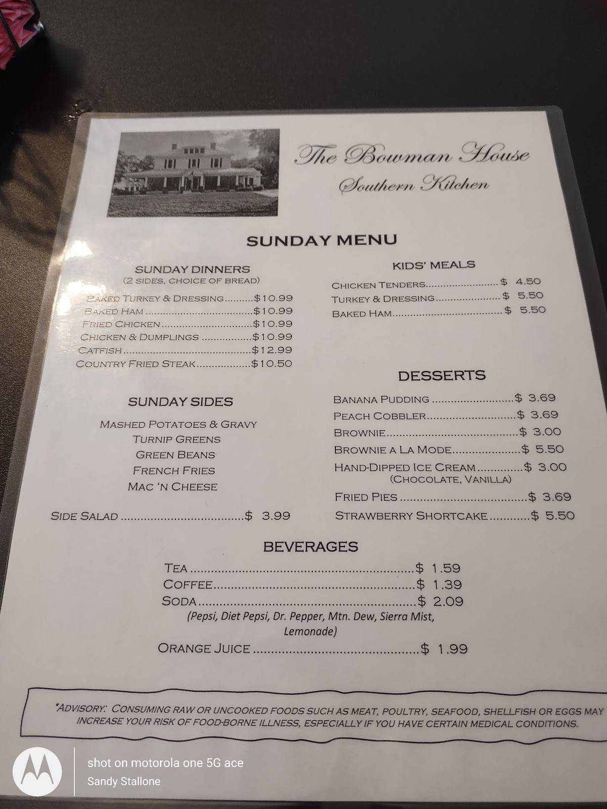 Menu at The Bowman House southern kitchen restaurant, Bowman
