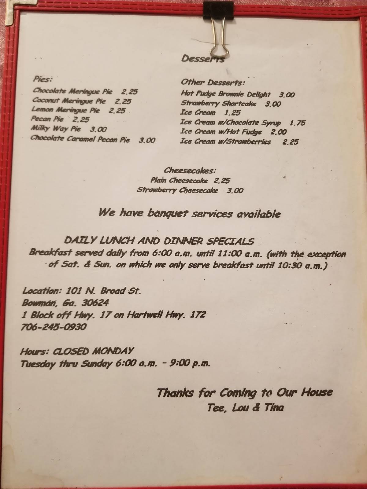 Menu at The Bowman House southern kitchen restaurant, Bowman