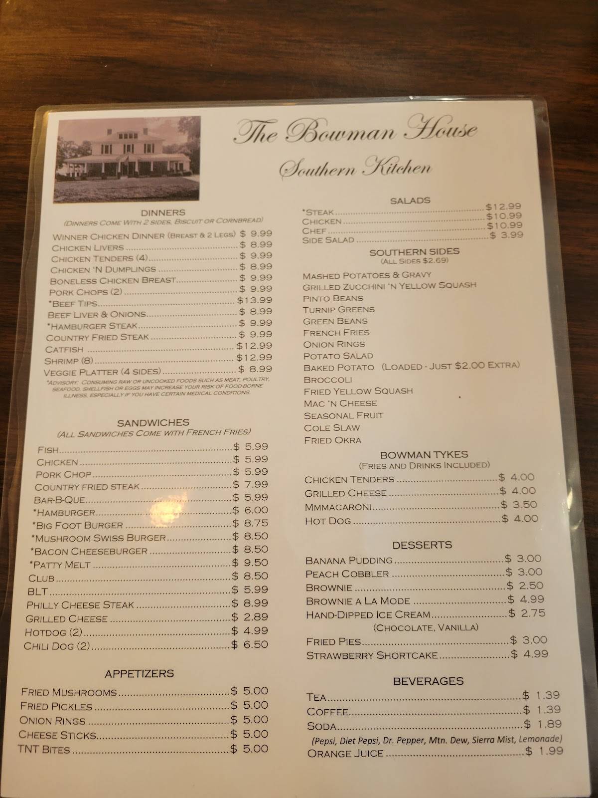 Menu at The Bowman House southern kitchen restaurant, Bowman