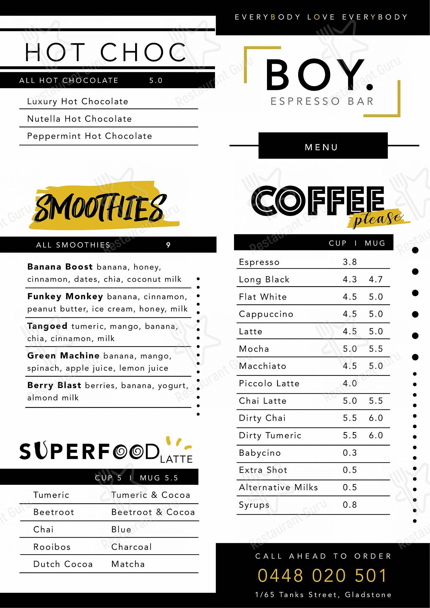 Menu at Boy Espresso Bar, Gladstone Central
