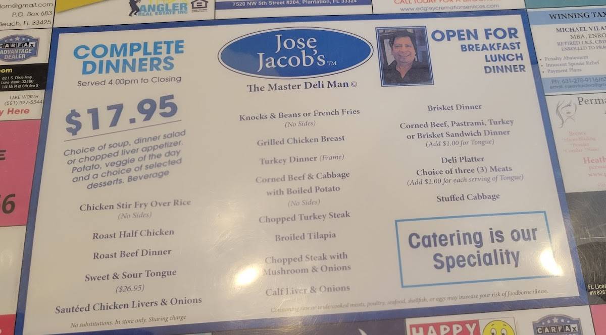 Menu at Jacob's Restaurant & Delicatessen, Boynton Beach