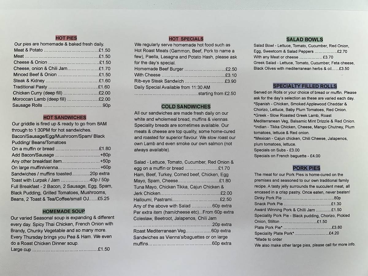 Menu at Brambles Bakery, Manchester