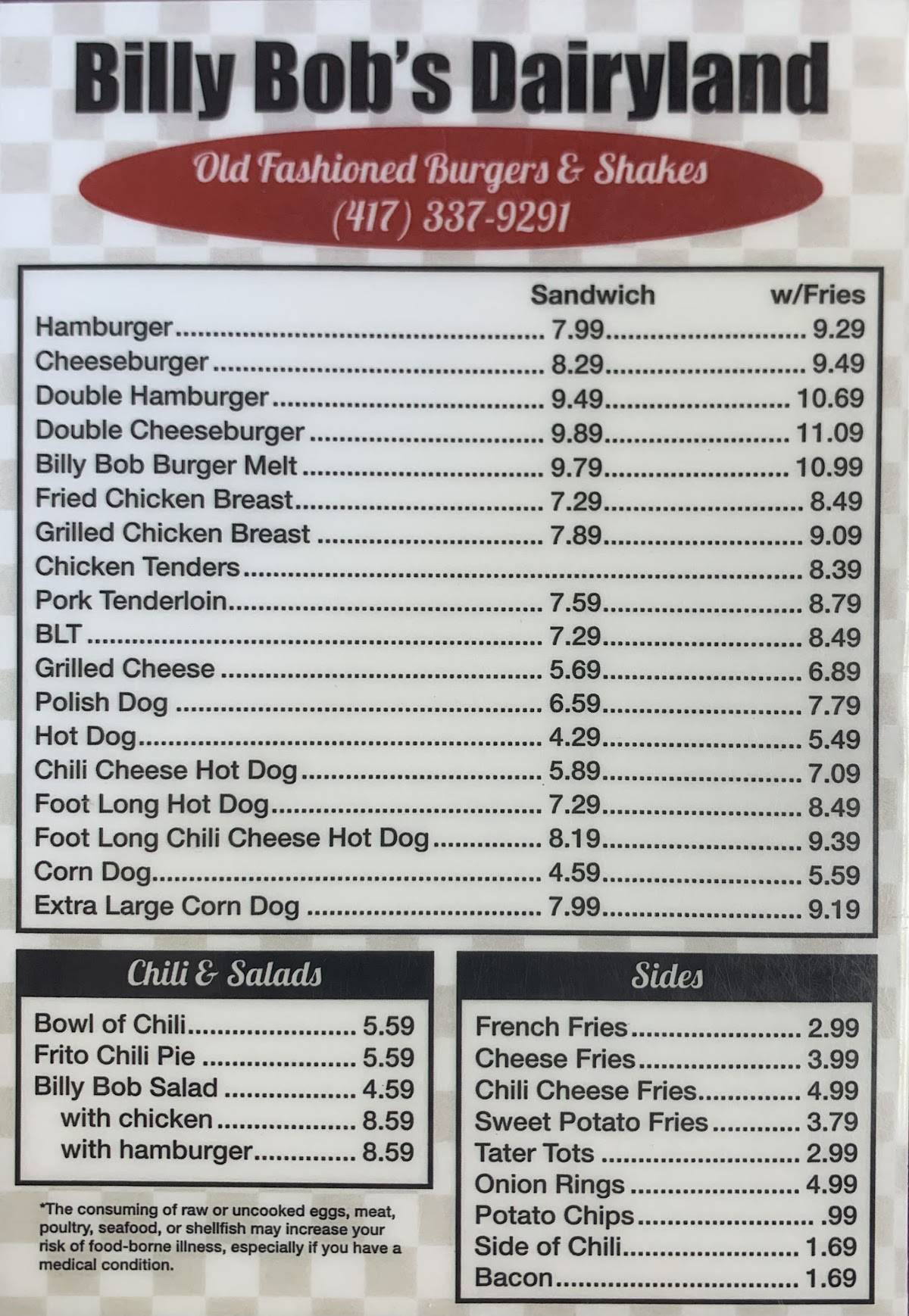 Menu at Billy Bob's Dairy Land restaurant, Branson, W 76 Country Blvd