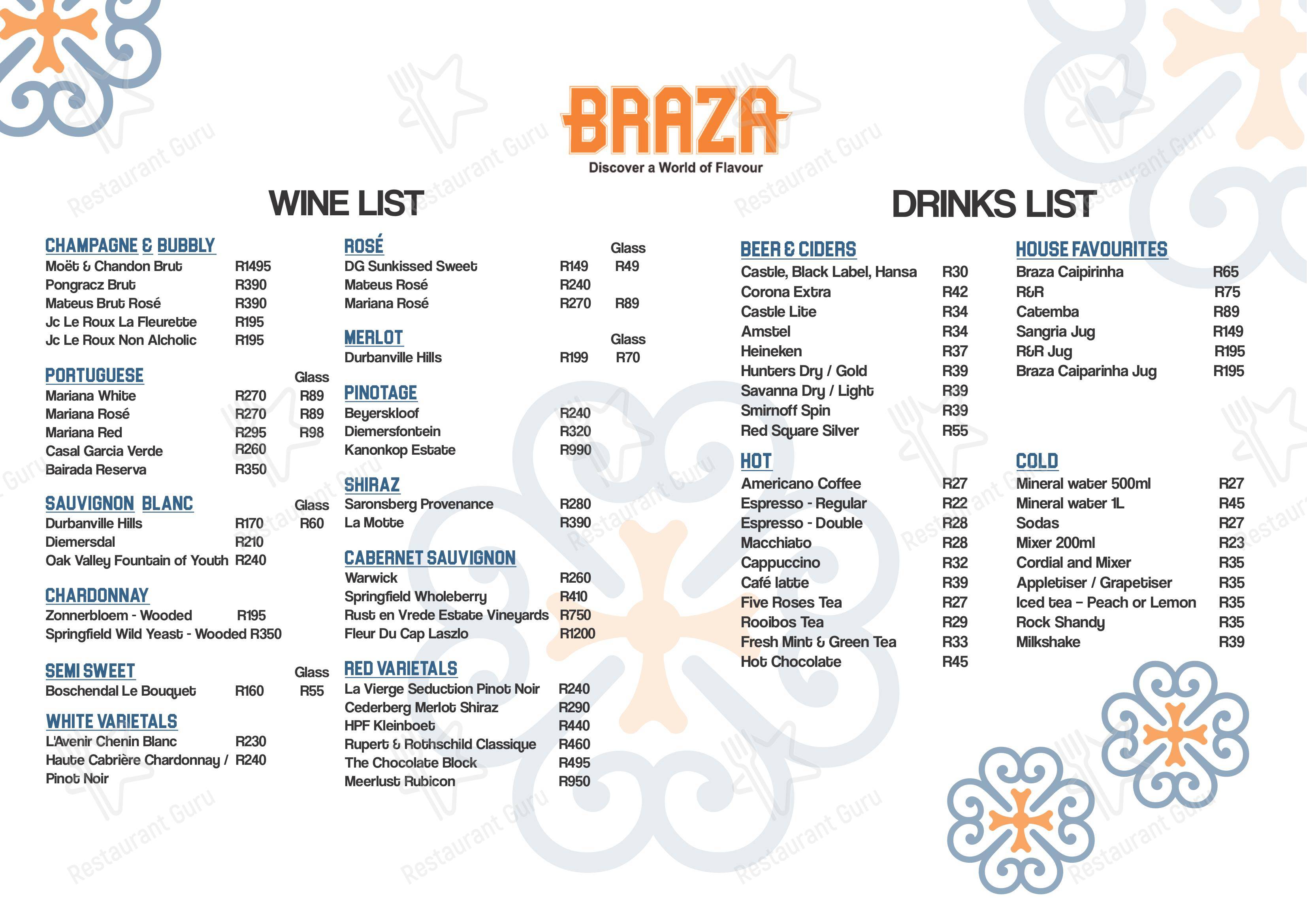 Menu at Braza Emperors Palace restaurant, Kempton Park