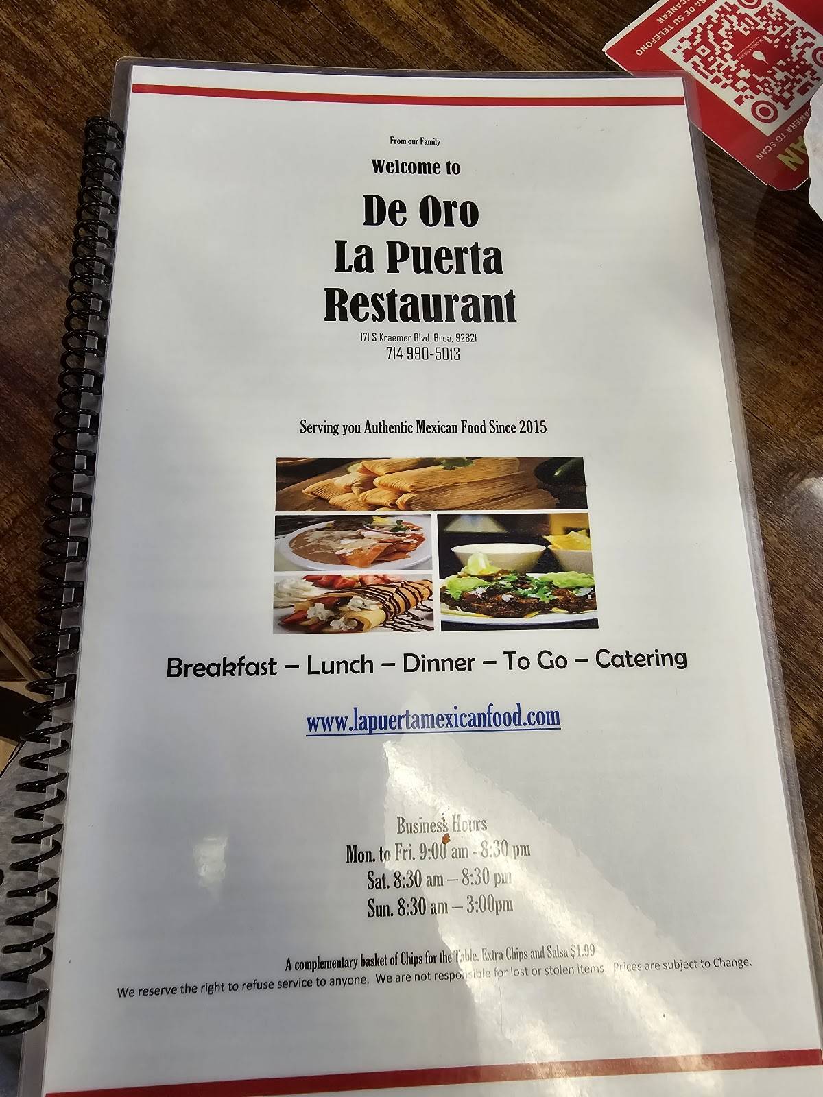 Menu at De Oro La Puerta Authentic Mexican Food restaurant, Brea