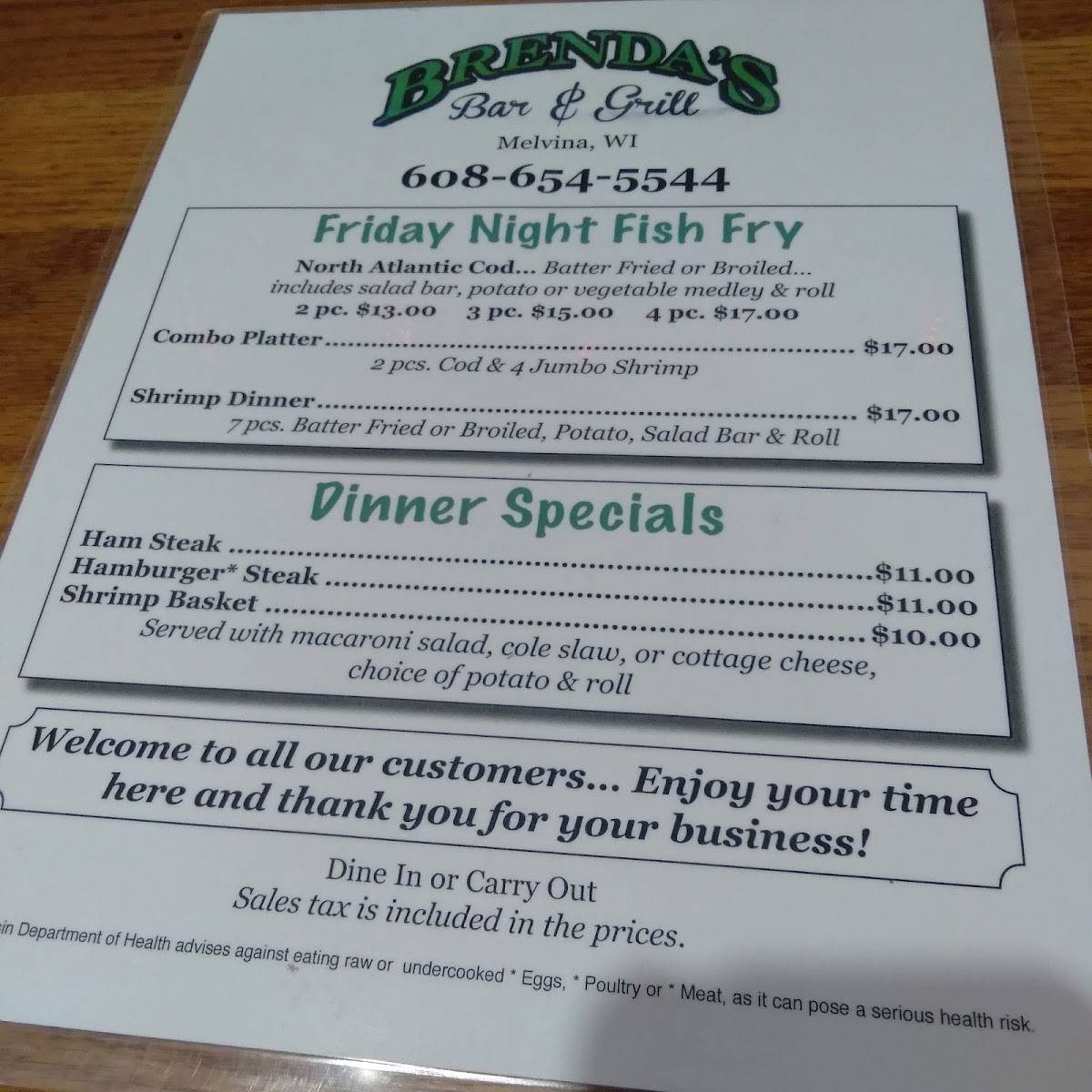 Menu at Brenda's Bar & Grill, Melvina