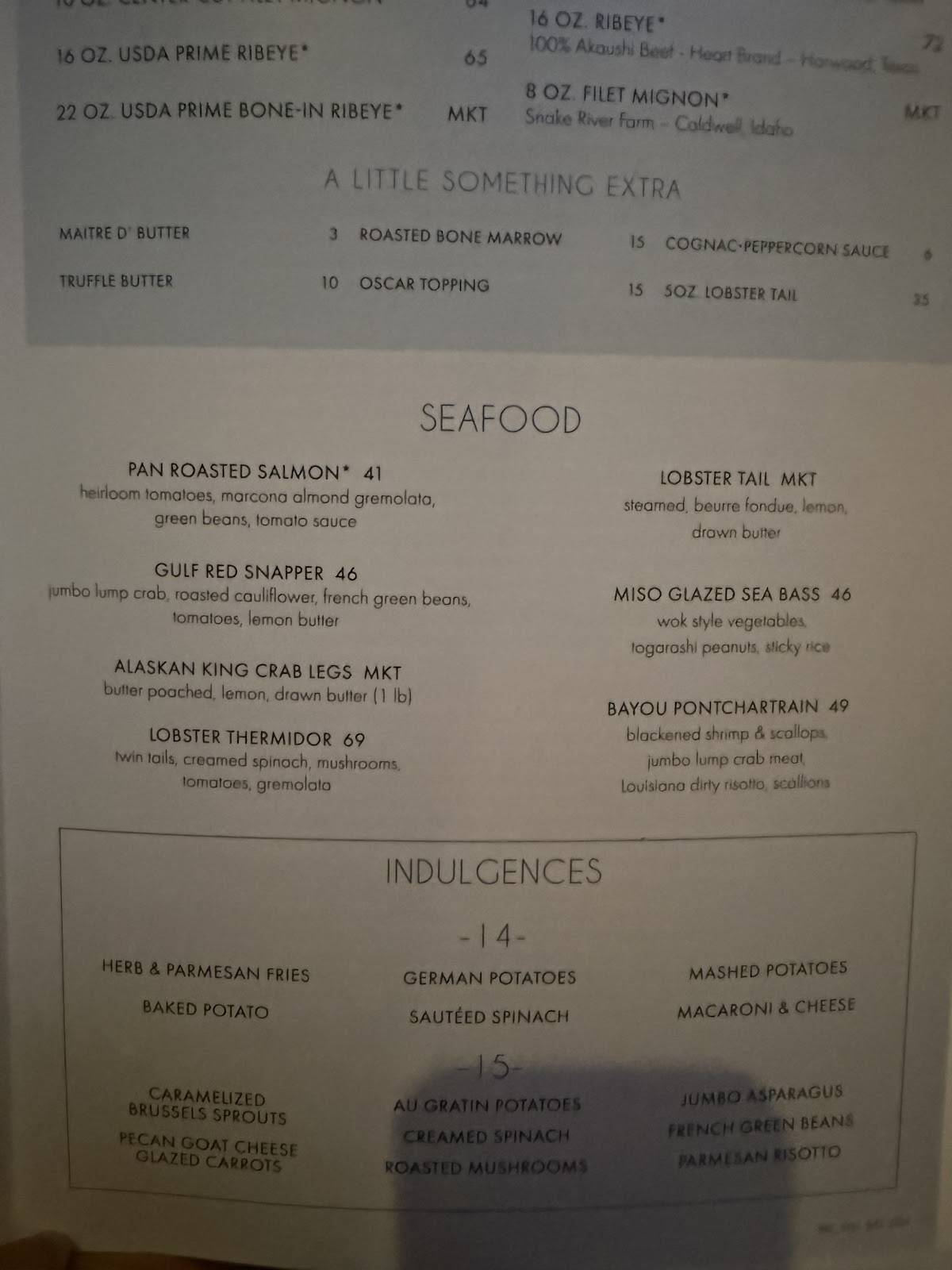 Menu at Brenner's on the Bayou steakhouse, Houston, 1 Birdsall St