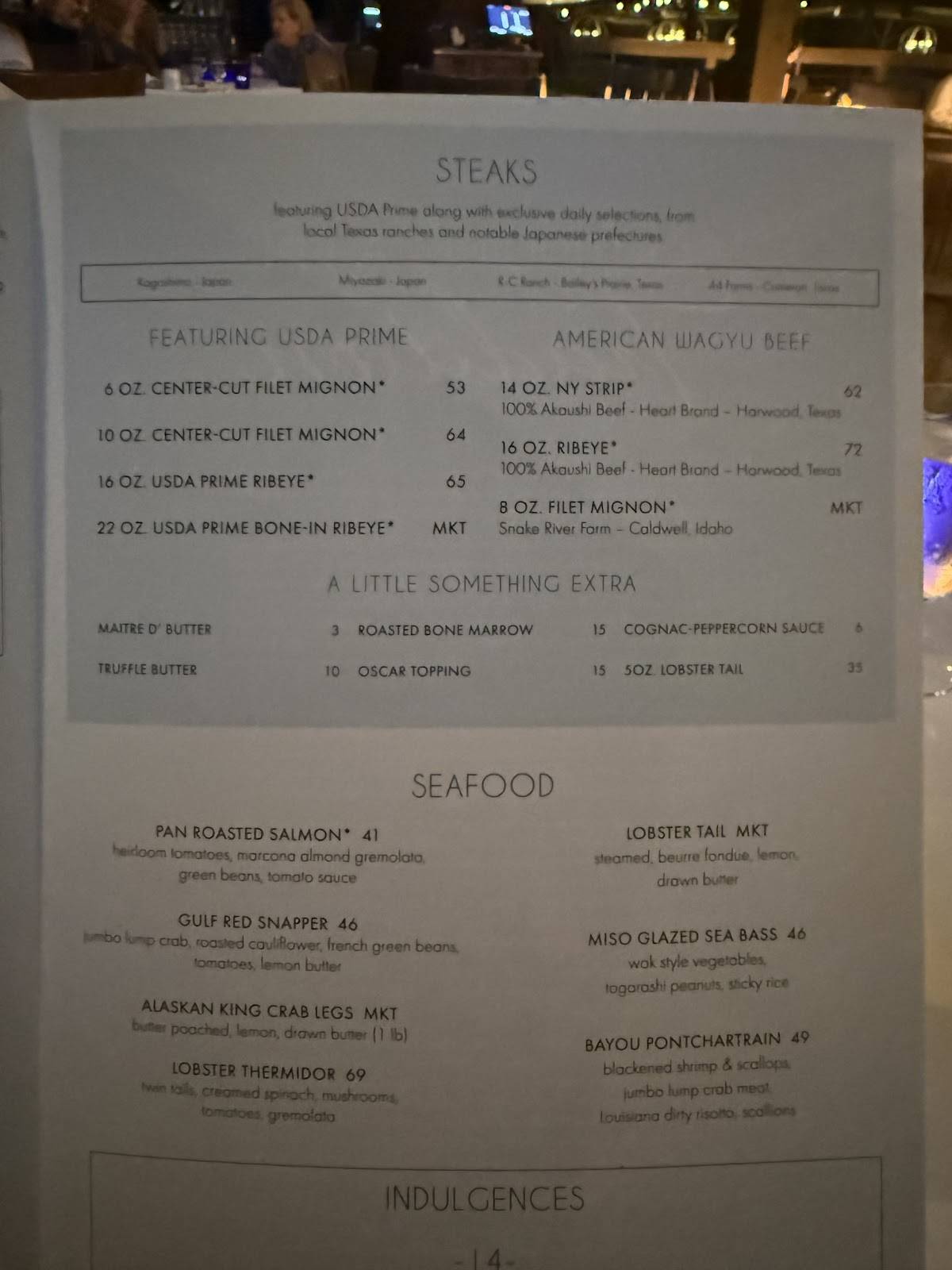 Menu at Brenner's on the Bayou steakhouse, Houston, 1 Birdsall St