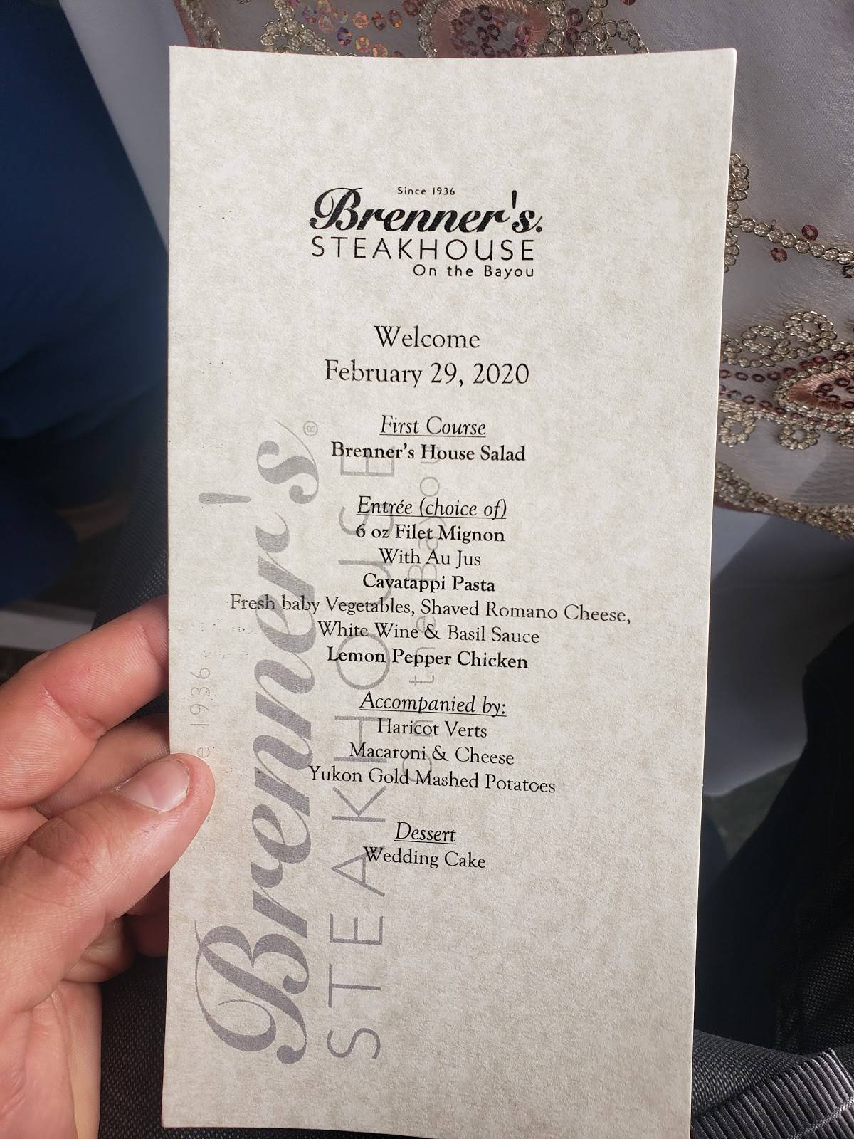 Menu at Brenner's on the Bayou steakhouse, Houston, 1 Birdsall St