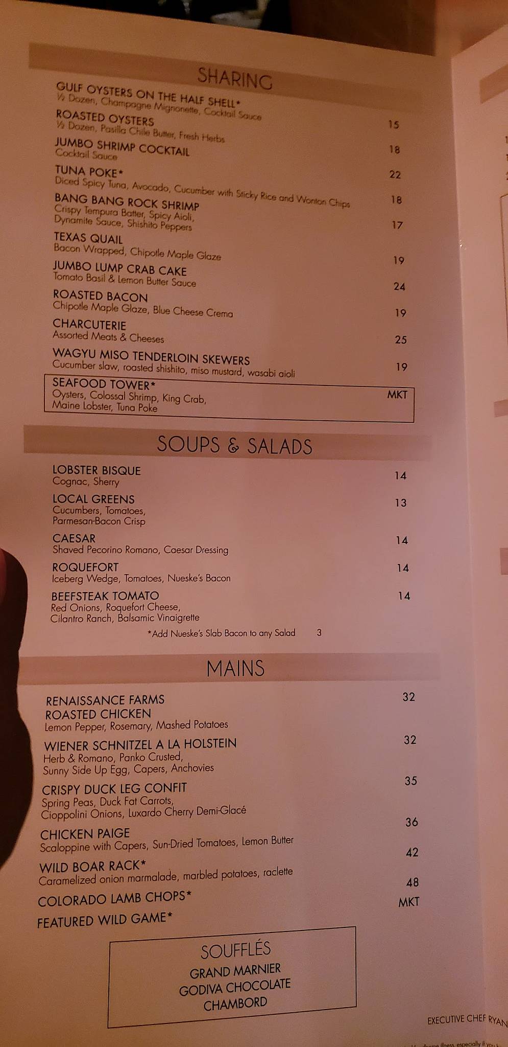 Menu at Brenner's on the Bayou steakhouse, Houston, 1 Birdsall St