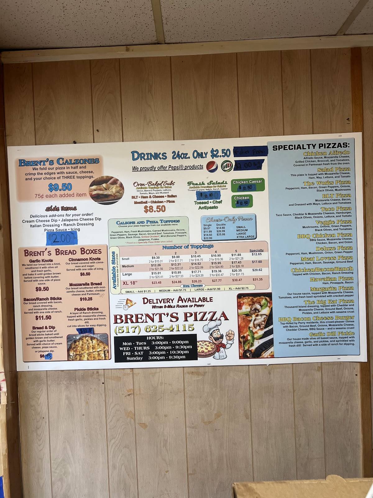 Menu at Brent's Pizza of Perry pizzeria, Perry, 123 N Main St