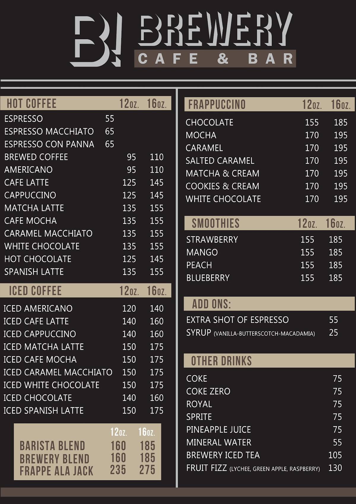 Menu at Brewery Café and Bar, Batangas